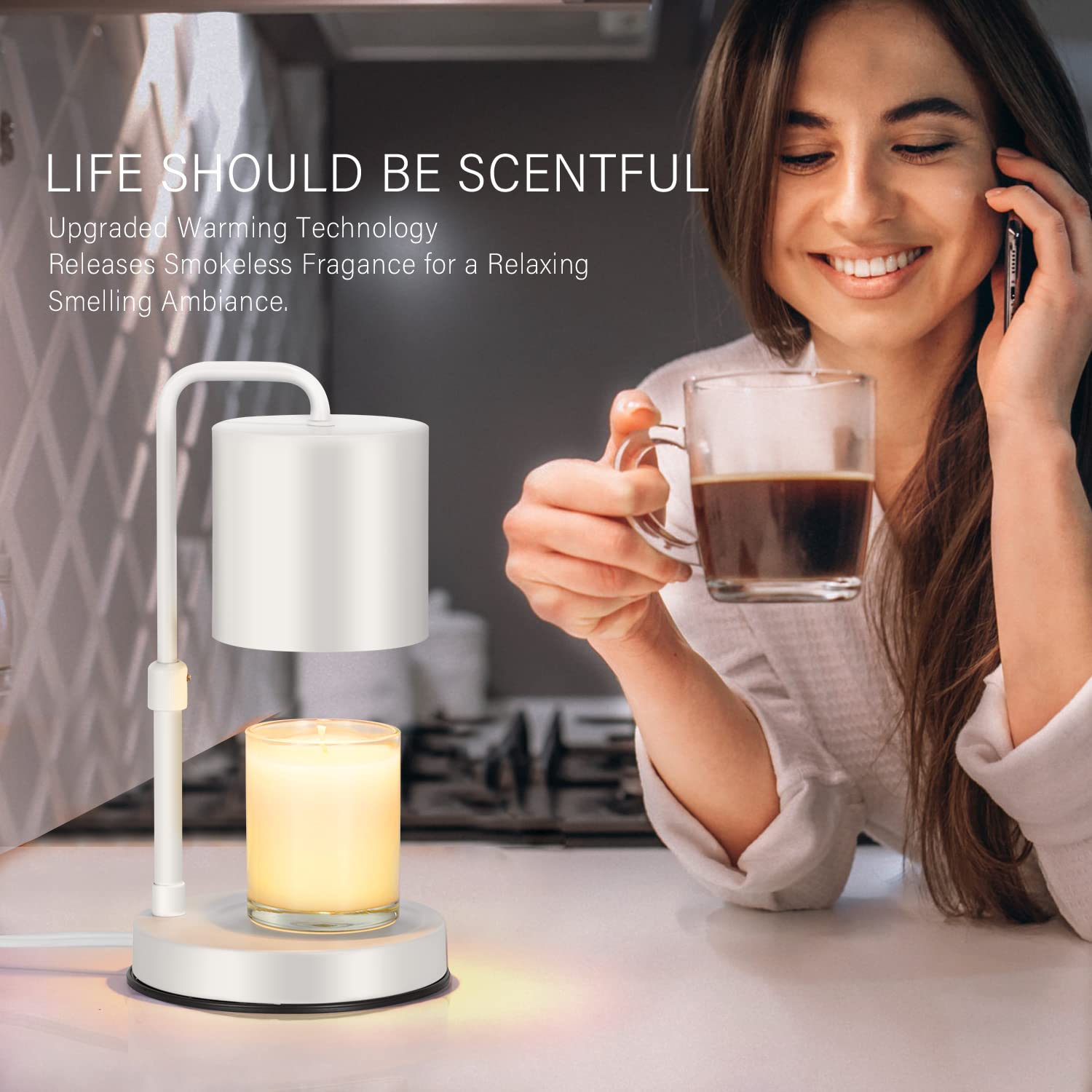 zukakii Candle Warmer Lamp Adjustable Height Dimmable Candle Lamp Warmer with Timer Compatible with Large Jar Candles No Flame Scented Candle Wax Warmer with 2 Bulbs White