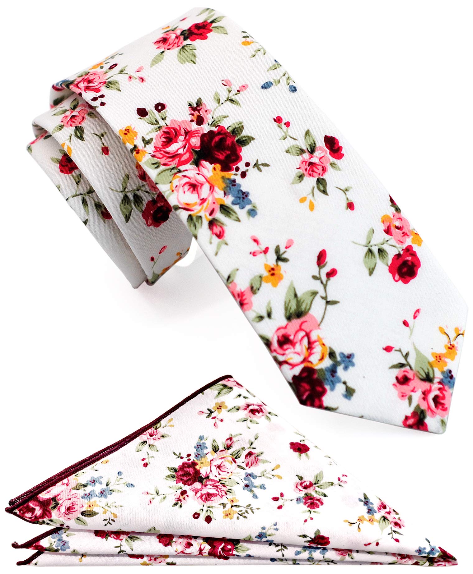 ZENXUS Mens Cotton Skinny Rose Floral White Tie Combo Set with Flower Pocket Square