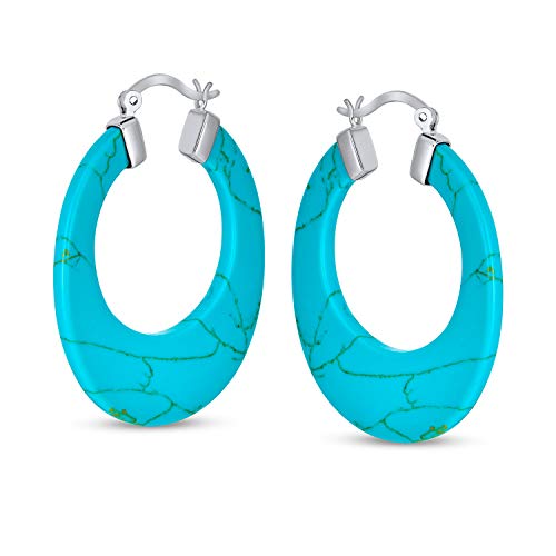 Wide Flat Blue Turquoise Gemstone Large Oval Hoop Earrings For Women Teen .925 Sterling Silver More Colors 1.5 Inch Diameter