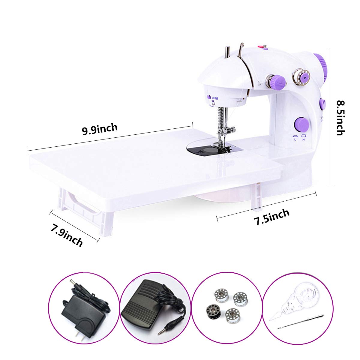 WIENOLOA Mini Sewing Machine with Extension Table and Sewing Machine Accessories Cotton Fabric Two Threads Double Speed Double Switches Household Kids Beginners Travel Automatic Sewing Machine Kit