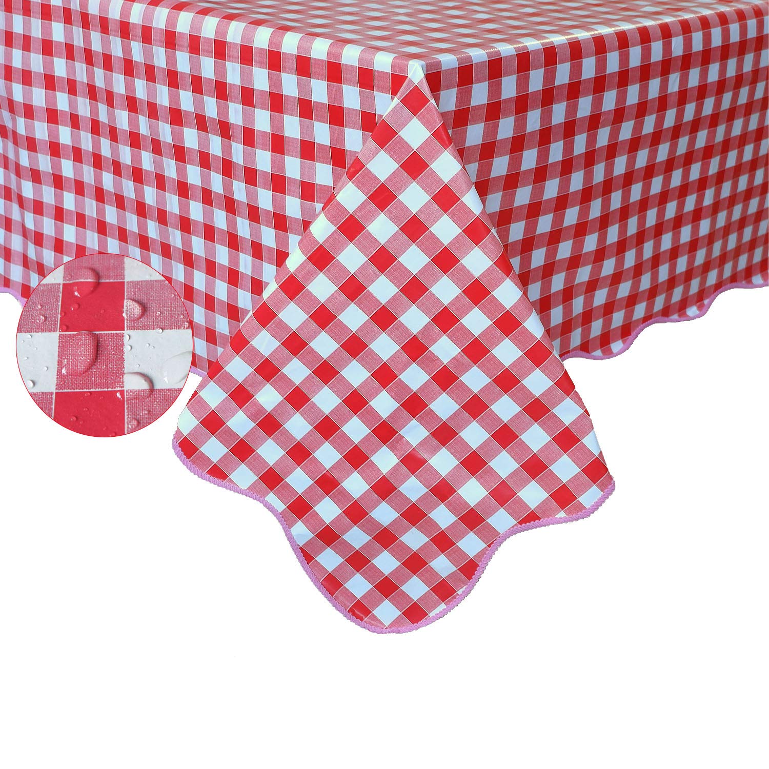 Waterproof Tablecloth Square, Red and White Checkered Plastic Table Cover, Vinyl with Flannel Backing for Dining Kitchen Picnic (54x54 inch)
