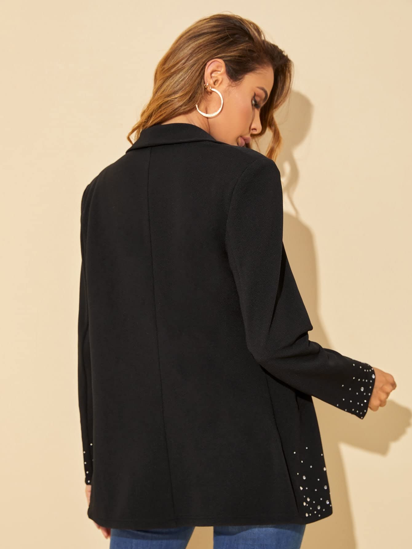 WDIRARA Women's Elegant Long Sleeve Blazer Open Front Rhinestone Suit Jackets Black 5XL