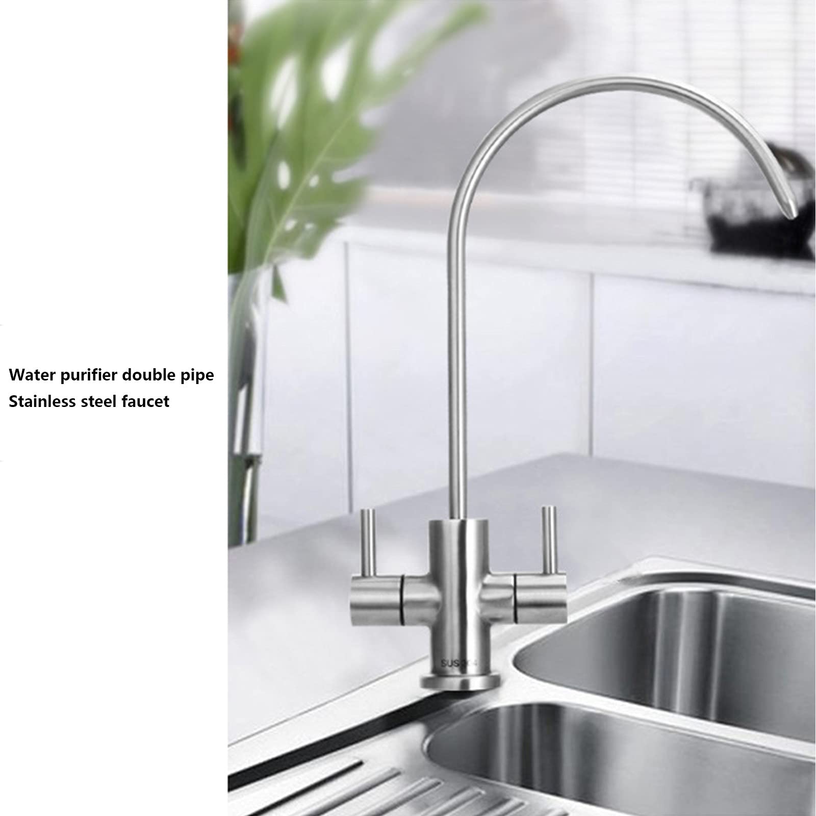 Water Purifier 2 Points Faucet, 304 Stainless Steel Big Elbow Double Water Tap, Direct Drinking Single Cold Kitchen Faucet, Brushed Nickel