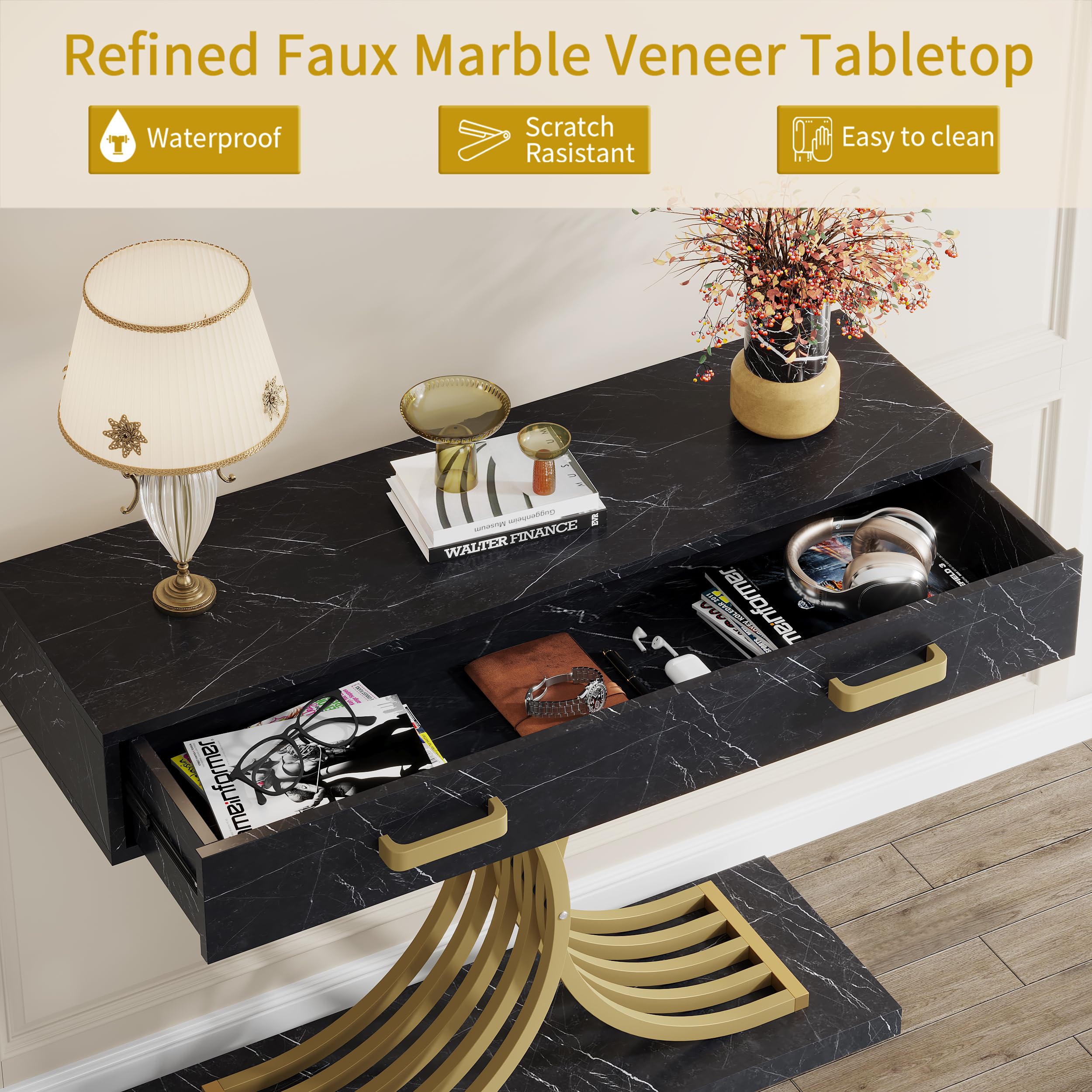 Vagaconl Black Gold Console Table with Drawers, Modern 39 Inches Small Entryway Table with Storage, Faux Marble Tabletop Hallway Table with Geometric Gold Legs