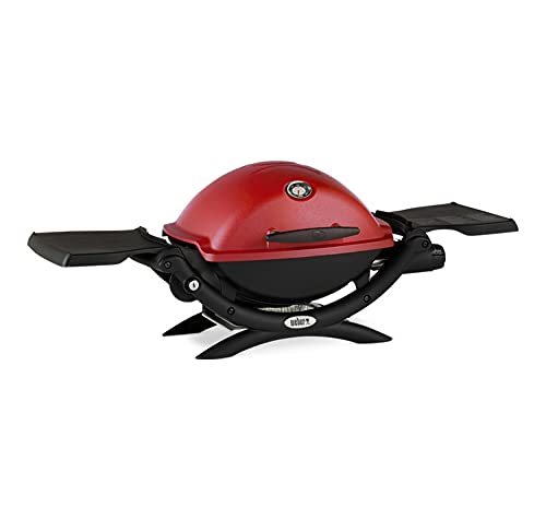 Weber Q 1200 Liquid Propane Gas Grill (Red) Bundle with Portable Grilling Cart and Grill Cover (3 Items)