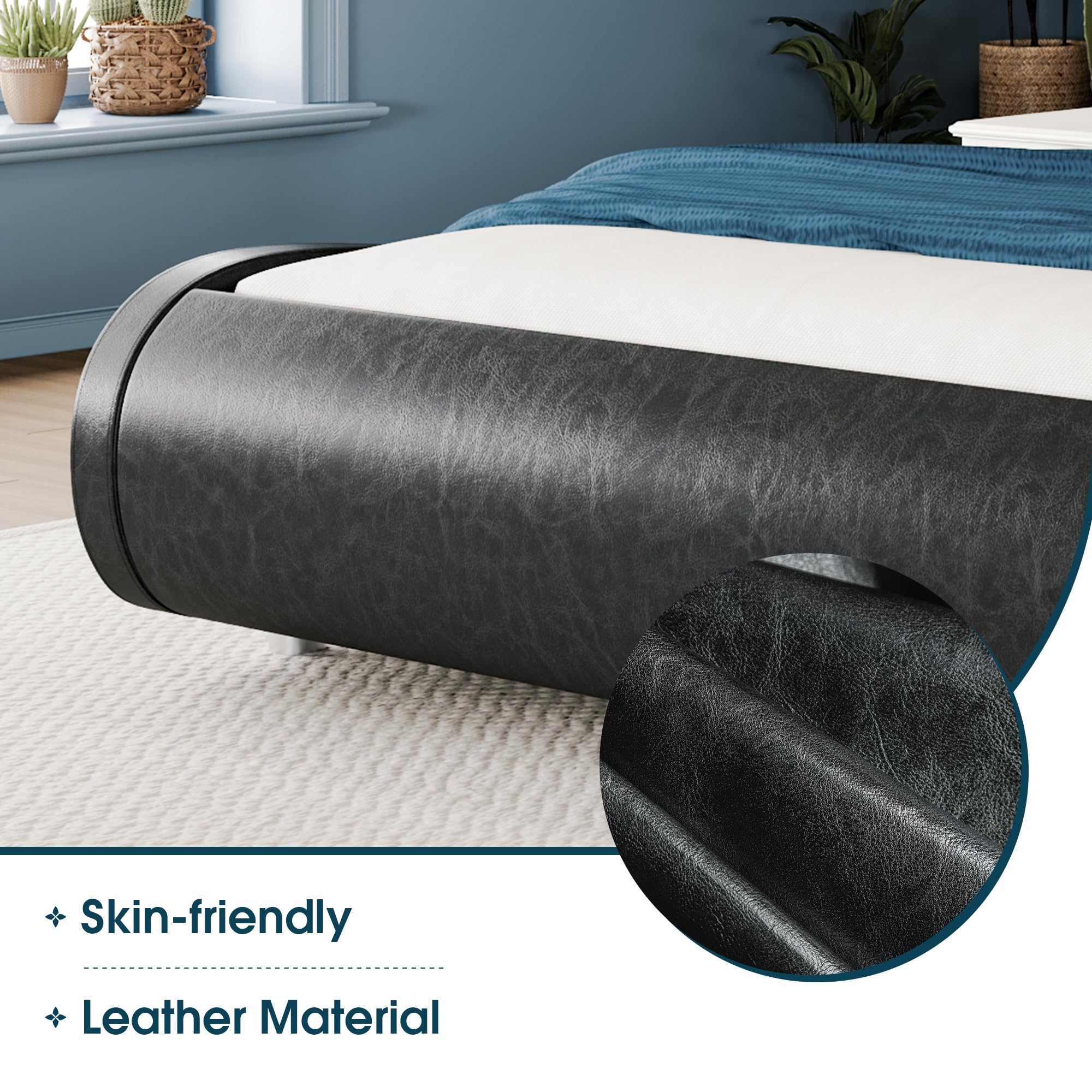 WEEWAY Modern King Size Upholstered Platform Bed Frame, Faux Leather Sleigh Bed with Adjustable Headboard, Strong Wood Slats Support, No Box Spring Needed, Black
