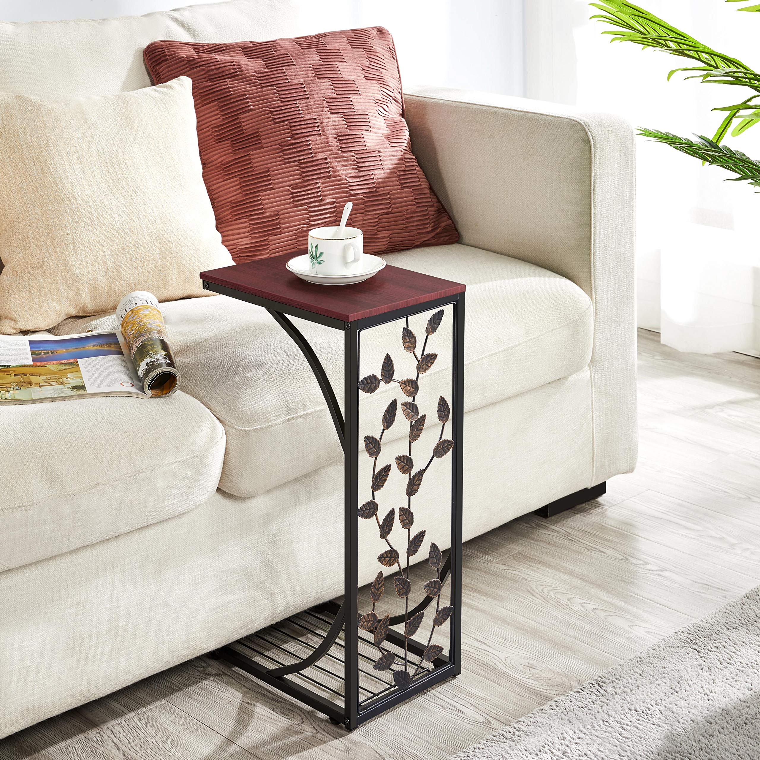 Yaheetech C Shaped End Table Set of 2 Sofa Side Tables for Living Room, Couch Tables Small Coffee Tray Snack Tables Slide Under Sofa with Elegant Leaf Design, Bronze Metal Frame and Wooden Tabletop