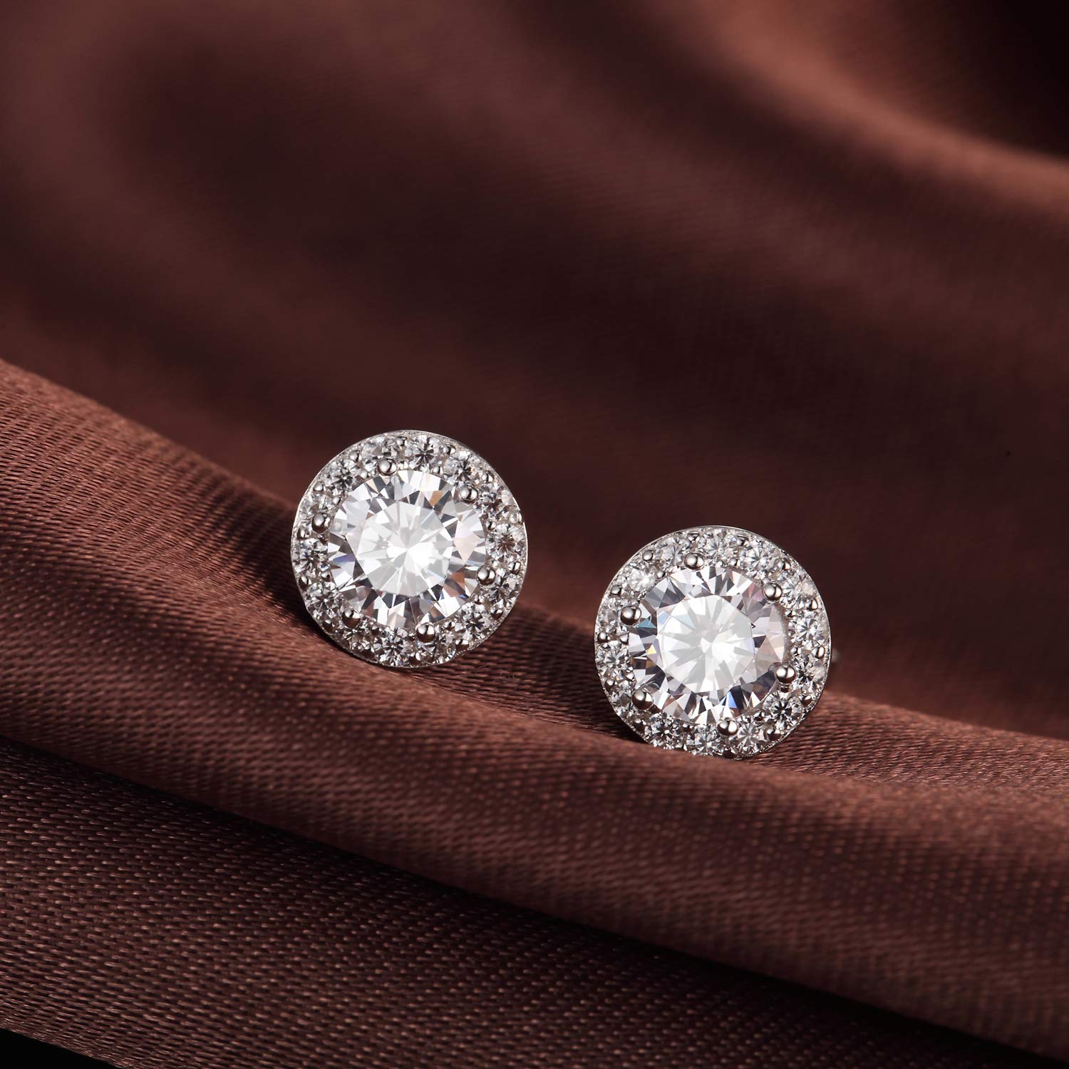 ZowBinBin Sterling Silver Round Cut Cubic Zirconia Stud Earrings, Halo Stud Earrings for Christmas Day, Valentine's Day, Anniversary, Birthday and Wedding/Engagement White
