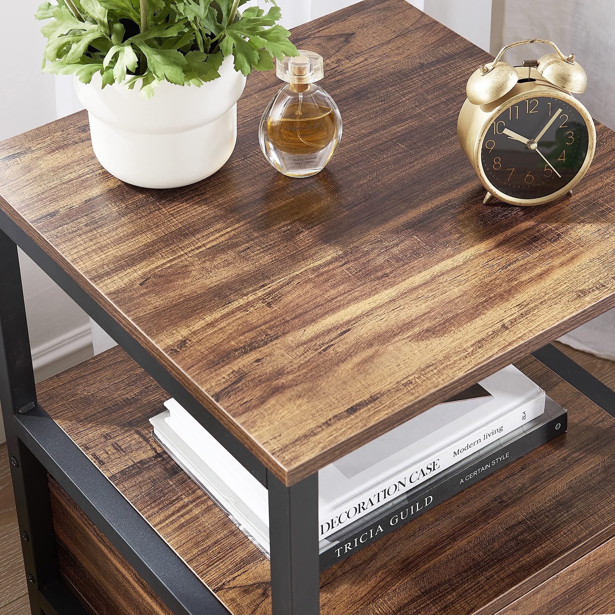 VECELO Nightstand Set of 2, Modern Square Side End Table, Night Stands with Drawer and Storage Shelf for Bedroom, Living Room, Study Metal Frame, 2 Pack, Brown