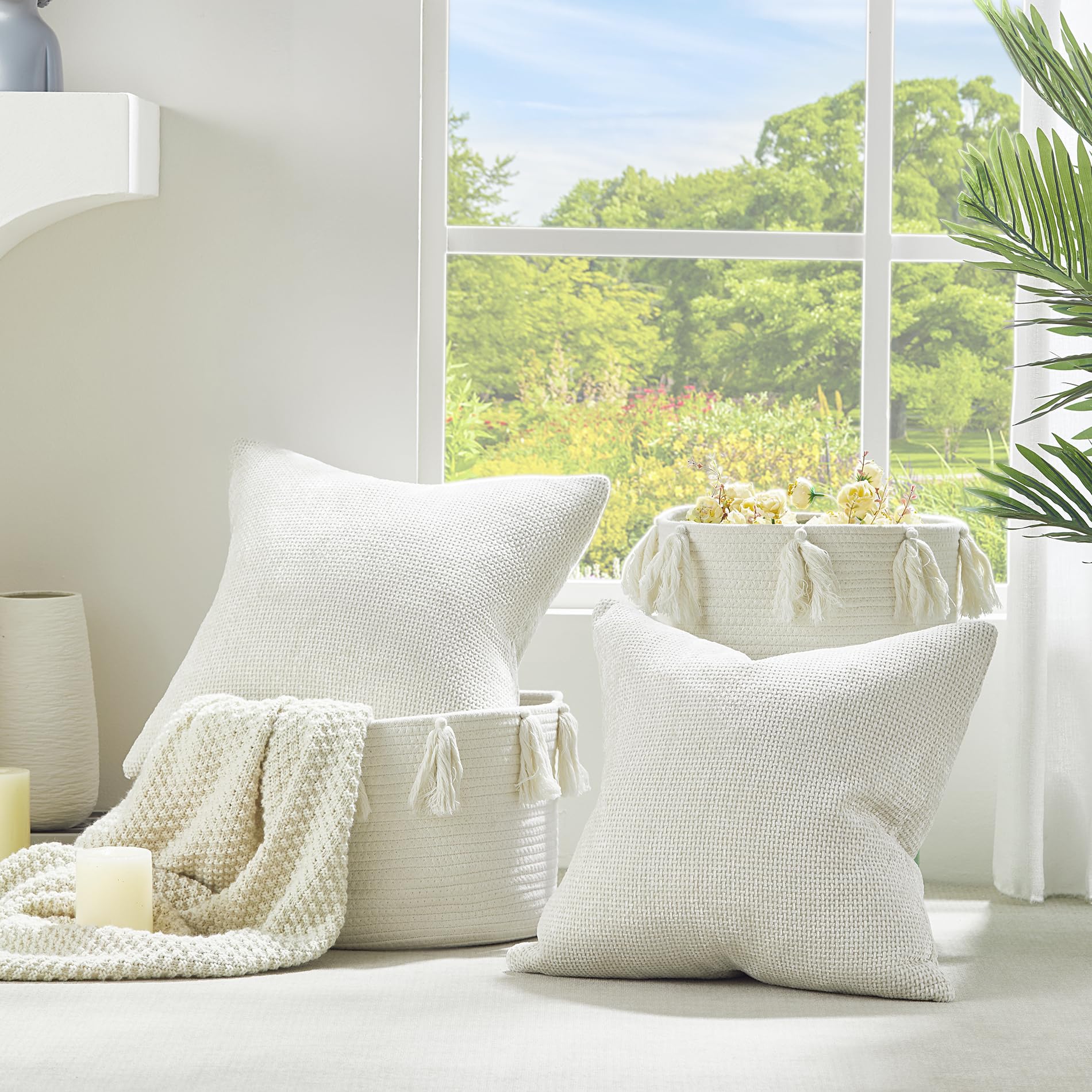 WLNUI Beige Pillow Covers 18x18 Inch Set of 2 Luxurious Chenille Throw Pillow Covers Decorative Square Cushion Case for Couch Sofa Bed Living Room Farmhouse Decorations