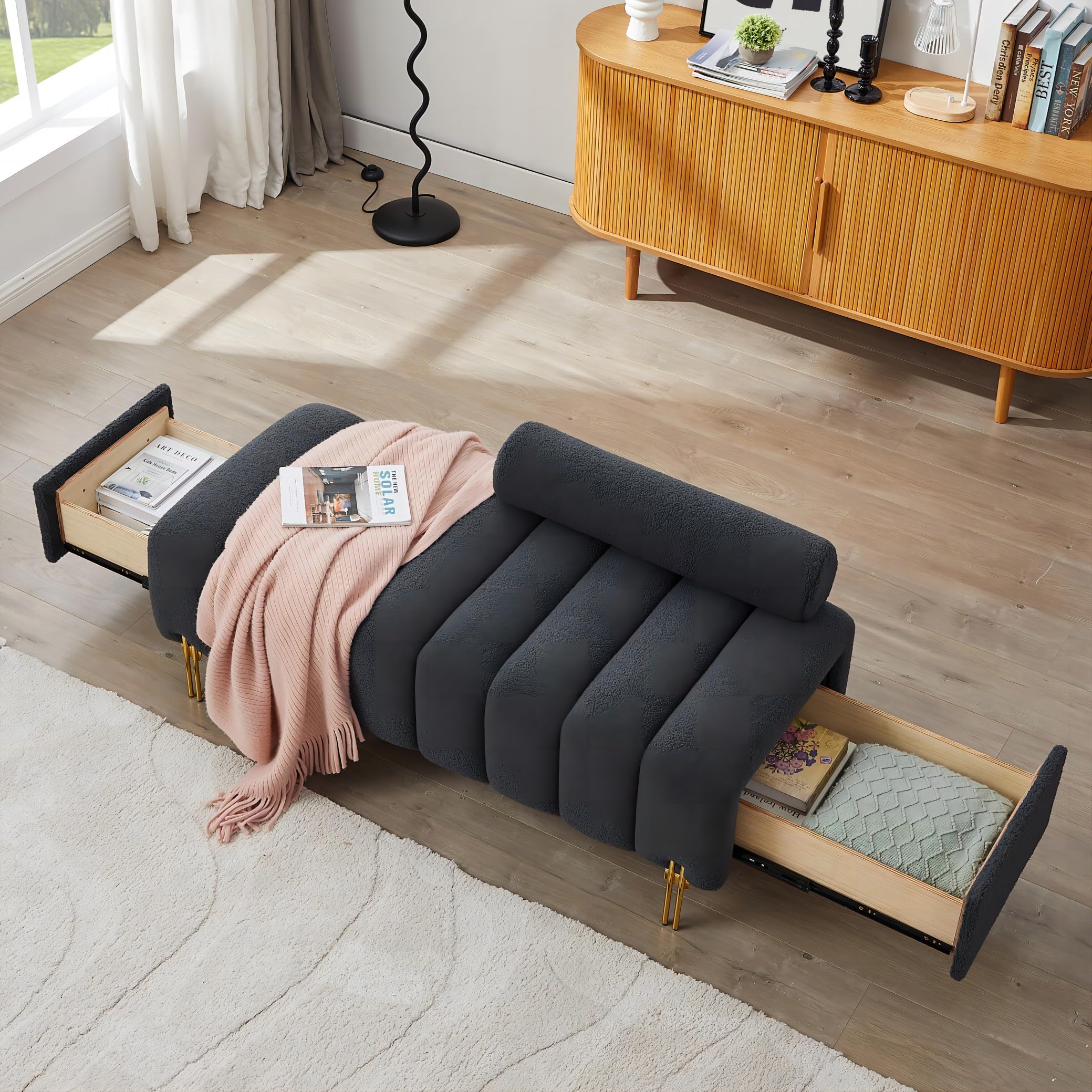 WEI WEI GLOBAL Footstool Sofa - Upholstered Ottoman with Storage Compartments - Channel Tufted Storage Bench with Metal Trestle Legs - Footrest Ottoman with 2 Pull Out Drawers and Backrest - Beige