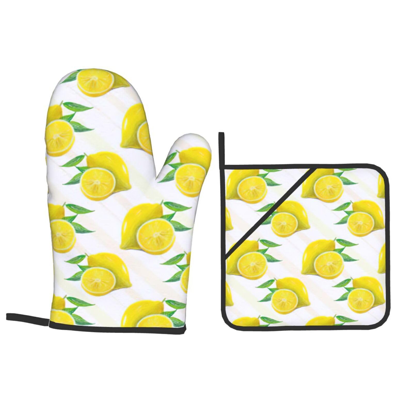 Yellow Lemon Kitchen Baking 4-Piece Set–Heat Resistant Oven Mitts and Pot Holders Kitchen Hot Pads