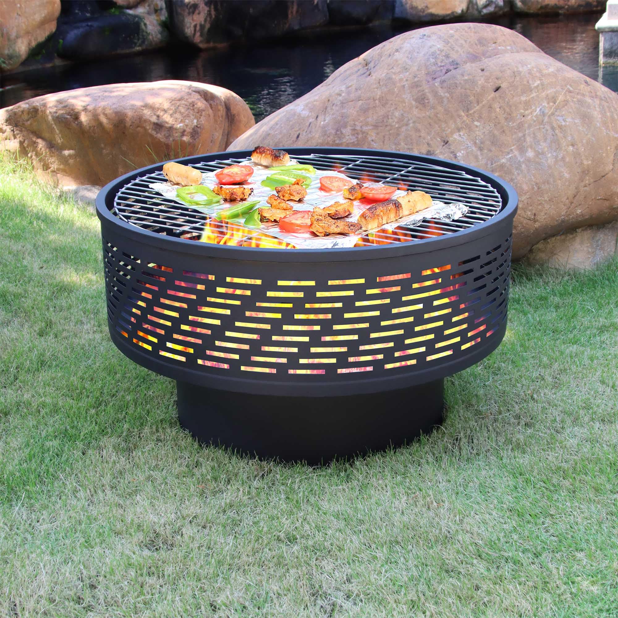 Wood Burning Fire Pit with Grill, Outdoor Firepit Table w/Removable Ash Pan & Waterproof Cover, Poker, Log Rack, 360° Flame Effect, for Outside Patio Deck Backyard Camping Bonfire, 26", Black