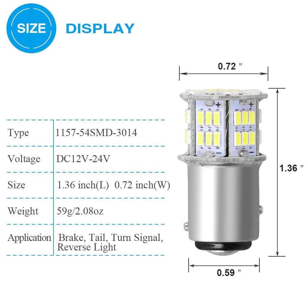 YITAMOTOR 12V 1157 LED Bulb White, 54SMD 650 Lumens, BAY15D 7528 2357 2057 LED Replacement Light Bulbs for Brake Tail Running Parking Backup Light for Car RV Motorcycle Boat, 2-Pack