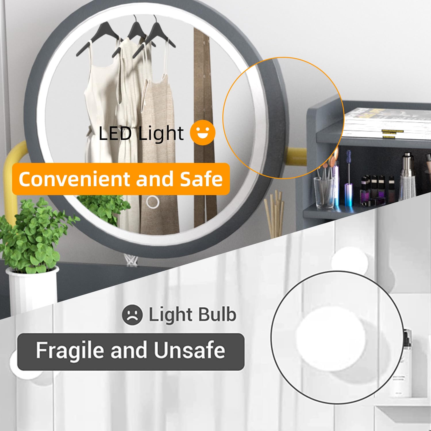 Visiblesser Vanity Desk with Mirror and Lights, 3 Color Lighting Modes Makeup Table Desk with Drawers, Make Up Vanity Table with Touch Screen Dimming Mirror, Vanity Set for Girls and Women