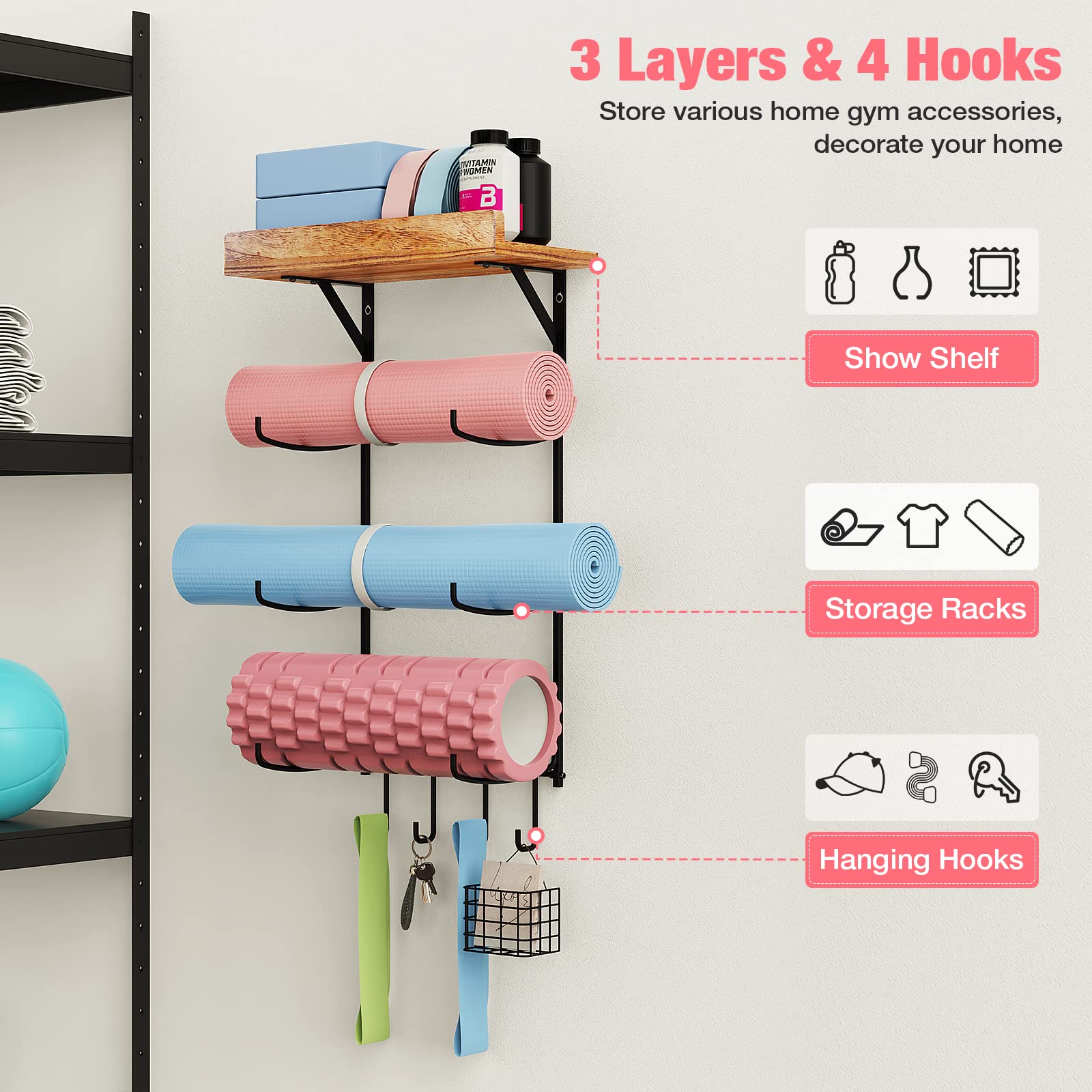Yoga Mat Holder Wall Mount, Yoga Mat Storage with 4 Hooks, Home Gym Accessories with Wood Floating Shelf Decor Wall Hanger 4-Layer Organizer Rack for Foam Roller Resistant Bands Workout Equipments