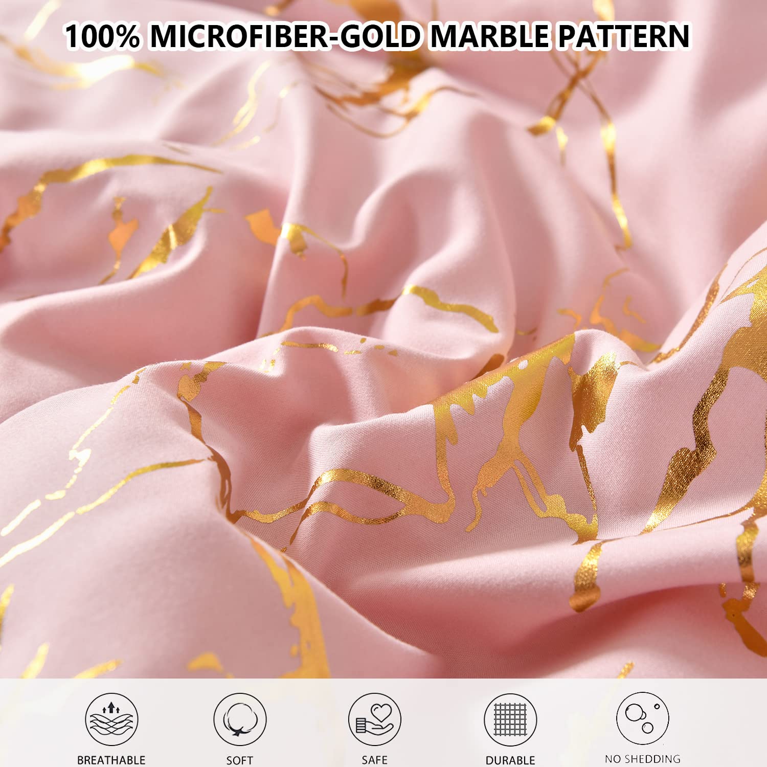 Yogeneg Gold Metallic Marble King Size Comforter Set,7 Piece Bed in a Bag,Foil Print Glitter Pink Comforter and Sheet Set,All Season Soft Microfiber Complete Bedding Sets(Pink,King)