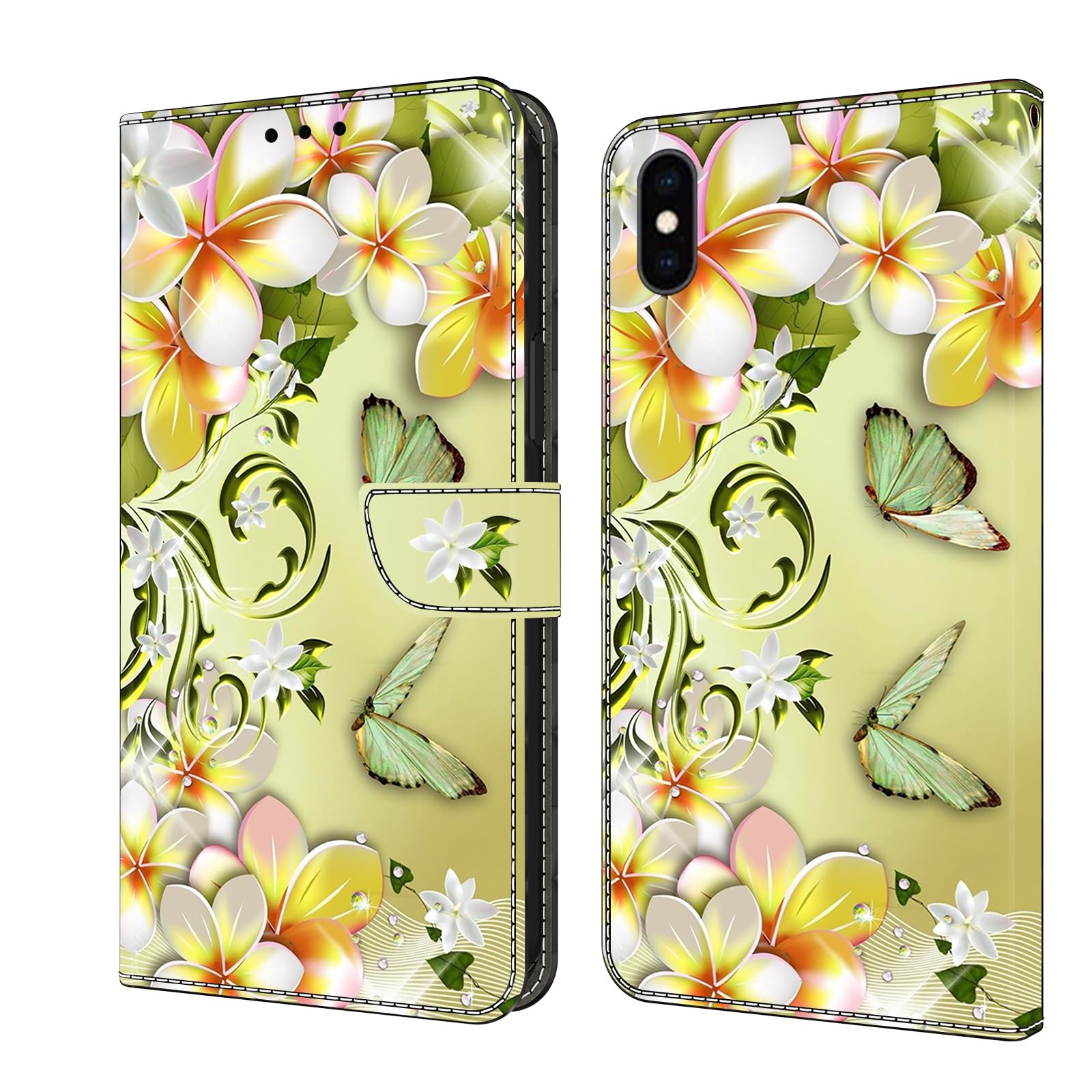 VODEFOX Wallet Case Compatible with iPhone 15 Case,Cute 3D Print Design Flip Folio Leather 2023 Phone Case Wallet leather Butterfly with Card Holder Magnetic Closure - Green Floral Butterfly