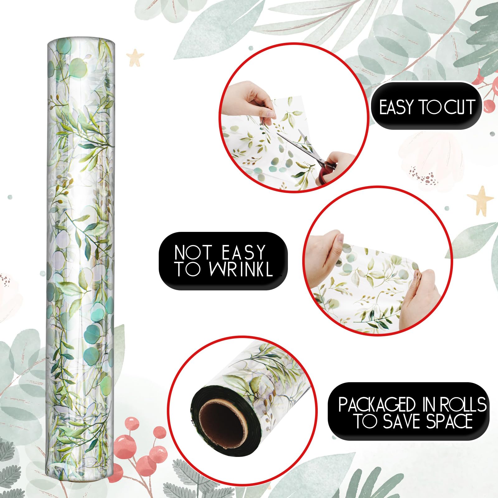 Whaline Eucalyptus Cellophane Wrap Roll Greenery Clear Wrapping Paper Green Leaves Plastic Gift Basket Wrap for Wedding Birthday Baby Shower Party Candy Treat DIY Craft Supplies, 32 Inch x 100 Ft