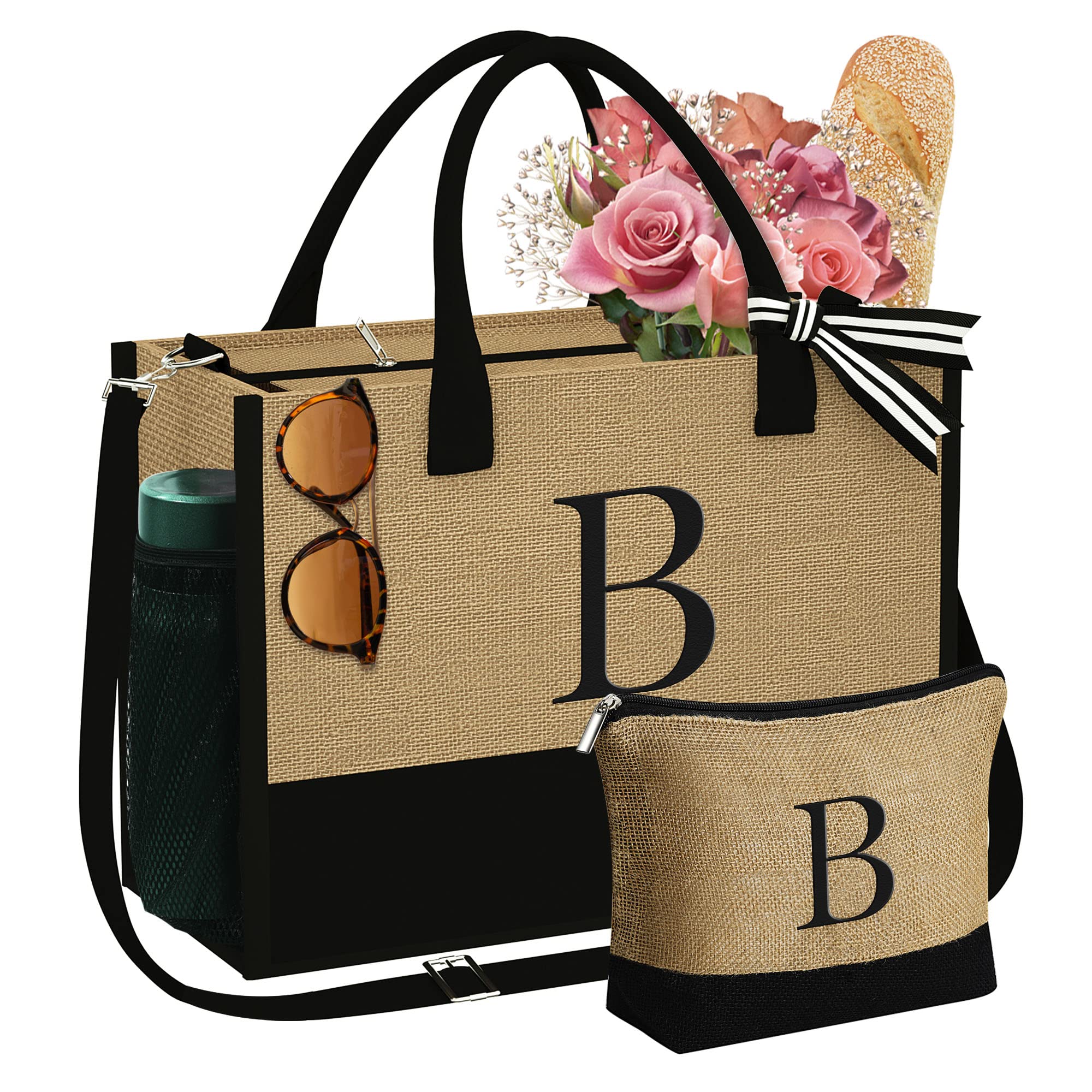 YOOLIFE Gifts for Women - Jute Beach Tote Bag & Makeup Bag Gifts Personalized Monogrammed Letter B Tote Bag Birthday Gifts for Best Friends Sister Teacher Mom Initial Tote Bag for Bridal Shower Gifts