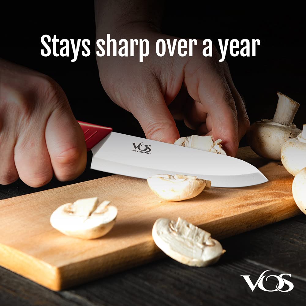 Vos Universal Knife Block and Ceramic Kitchen Knives With Covers, Ceramic Paring Knife 4", 5", 6" Inch Red