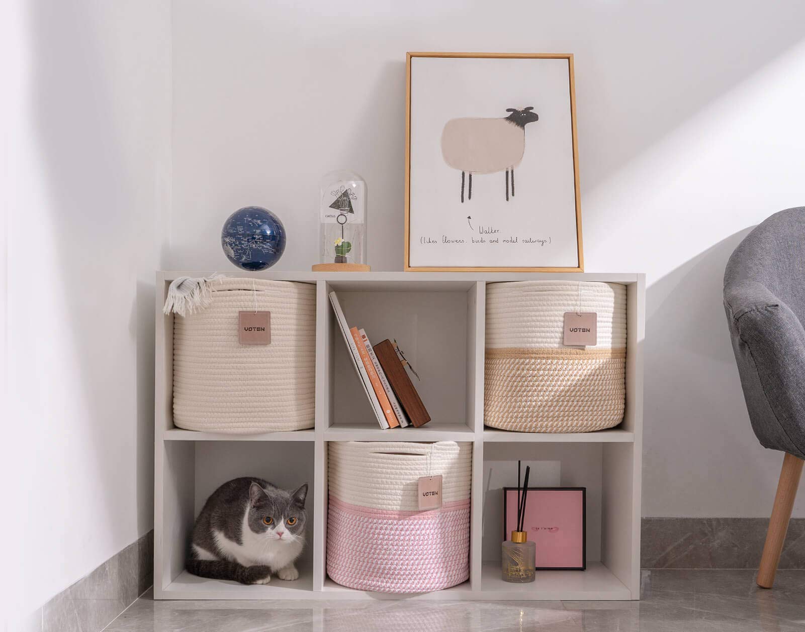 voten Cube Storage Baksets Bins 11x11’’ Fit 12x12’’ Organizer Bookcases Shelving,Stylish&Durable Woven Cotton Basket Containers for Organizing 3-Pack Off White/Mixed Pink