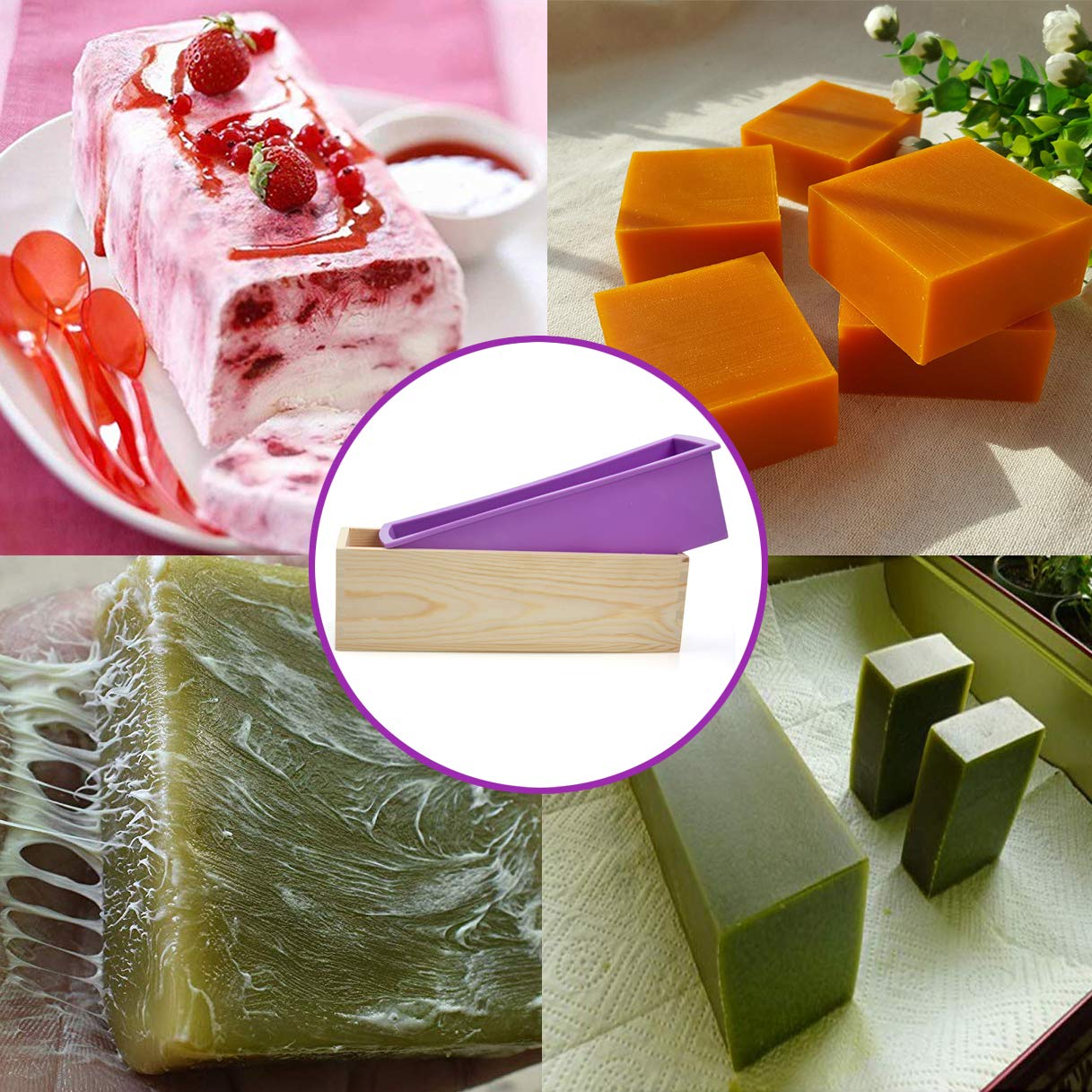 Voulosimi Soap Molds kit-2 Pcs 42 oz Loaf Flexible Rectangular Silicone Soap Mold 6 Cavities Silicone Mold with Wood Box