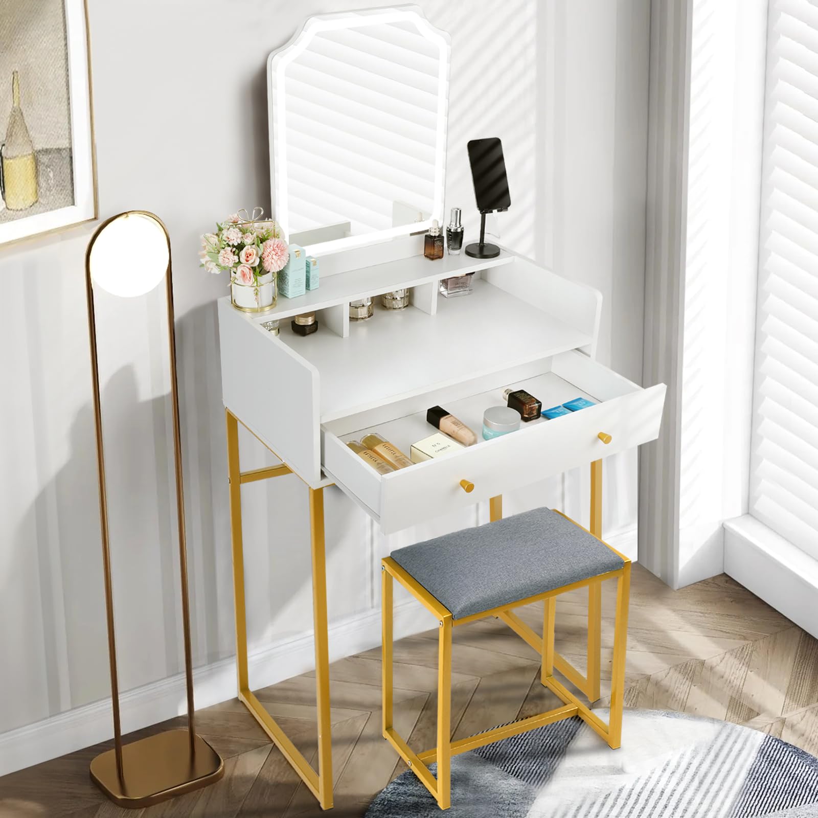 VOWNER Makeup Vanity Desk with Lighted Mirror, 3 Color Dimmable Vanity Table Set for Bedroom with Power Outlet, Drawer & Cushioned Stool, White, VOWNER-171