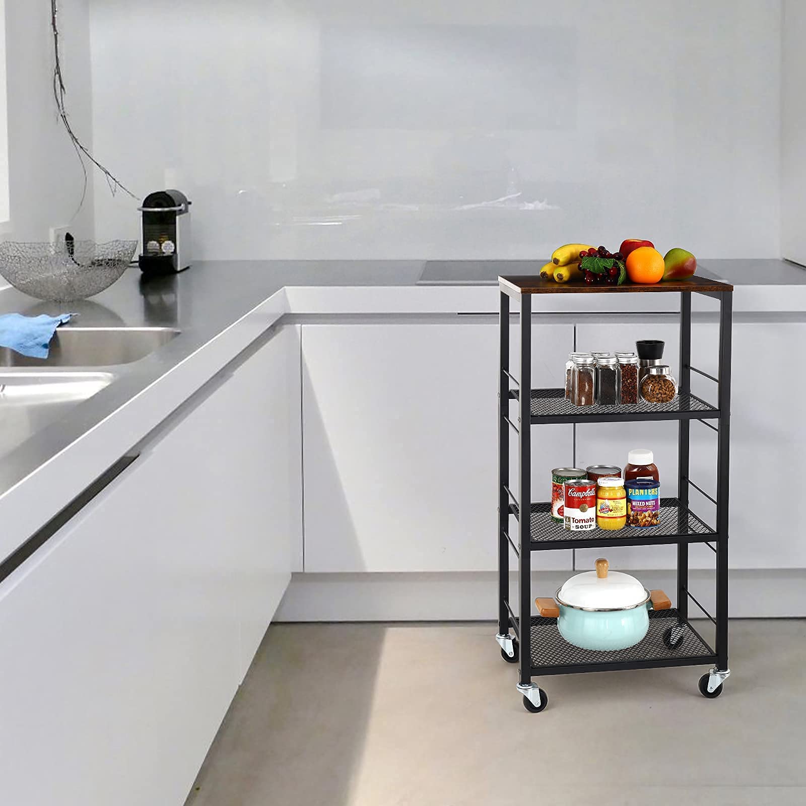 Vrisa Rolling Cart Kitchen Cart on Wheels 4 Tier Utility Microwave Oven Stand Mesh Metal Rolling Storage Cart Coffee Bar for Kitchen Bathroom Living Room Rustic