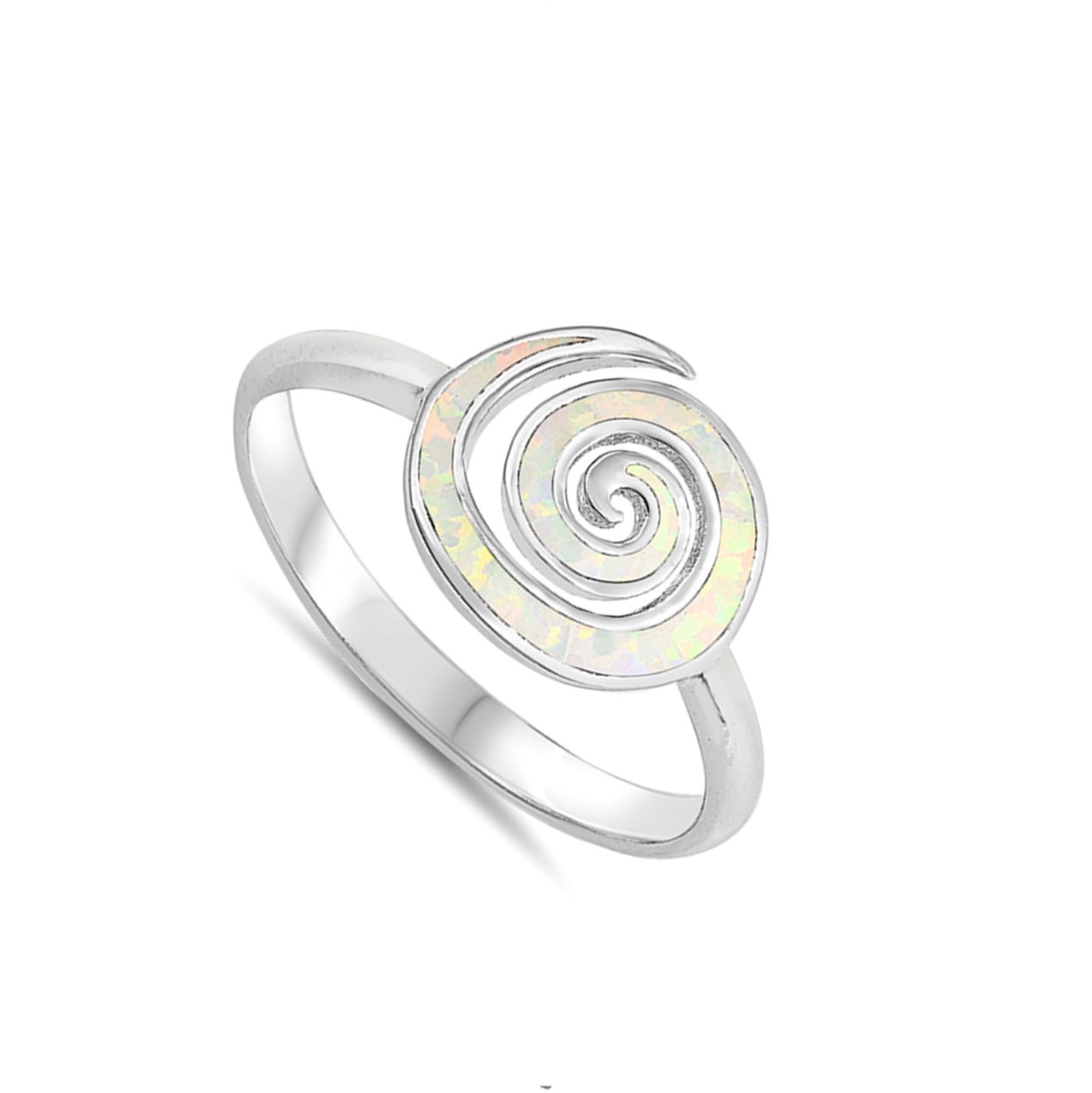 White Simulated Opal Spiral Wave Infinity Ring .925 Sterling Silver Band Size 10