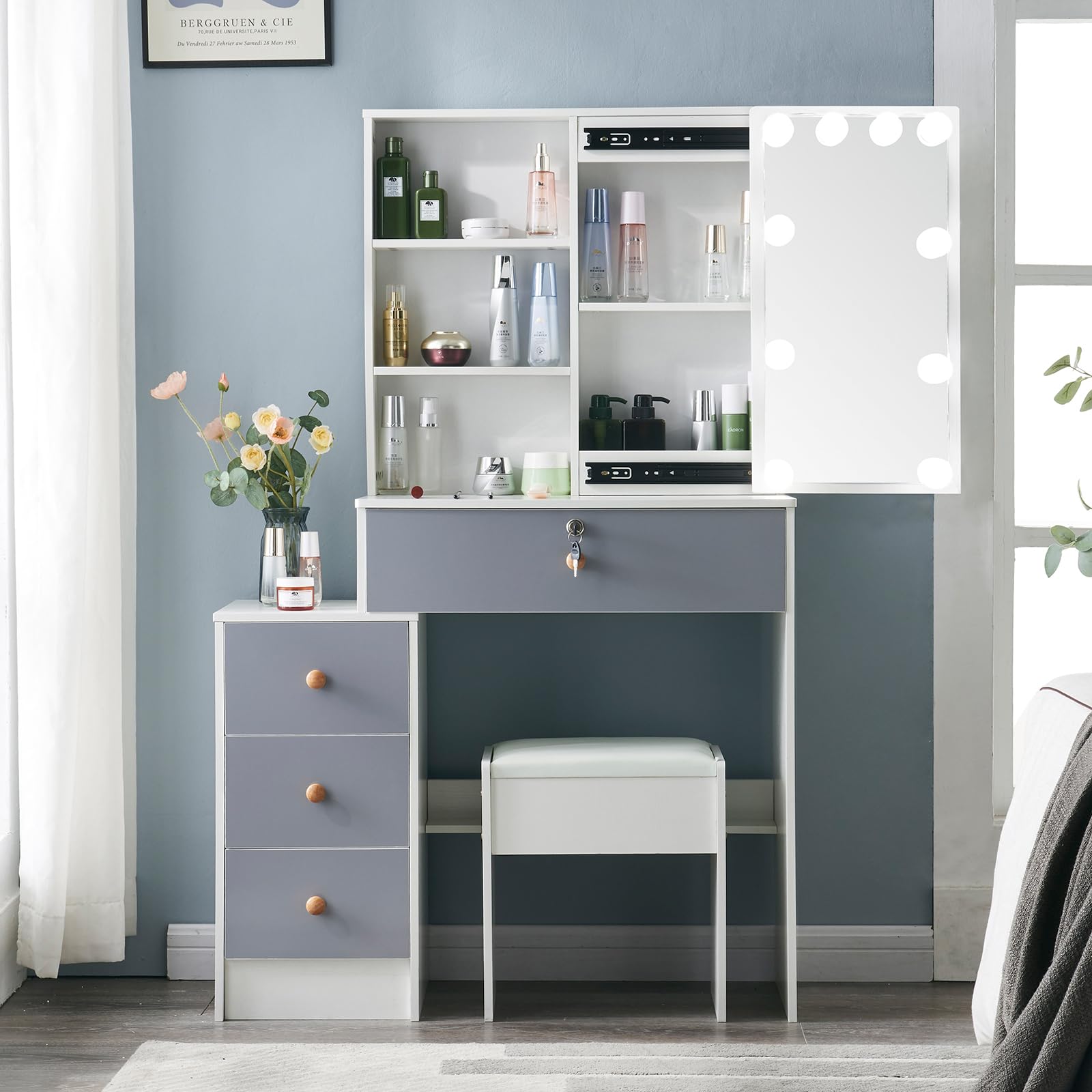 White Vanity with Lights and Mirror, Vanity Set Dressing Table with Drawers and Stool, Shelves Makeup Vanity Desk for Bedroom