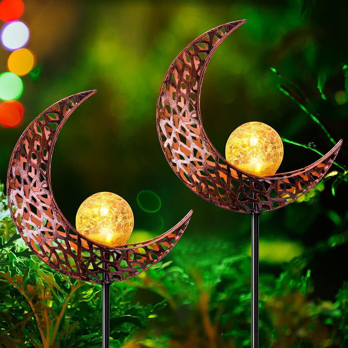 YUNLIGHTS Garden Solar Lights Pathway Outdoor Moon Crackle Glass Globe Stake Metal Lights,Waterproof Warm White LED for Lawn,Patio or Courtyard