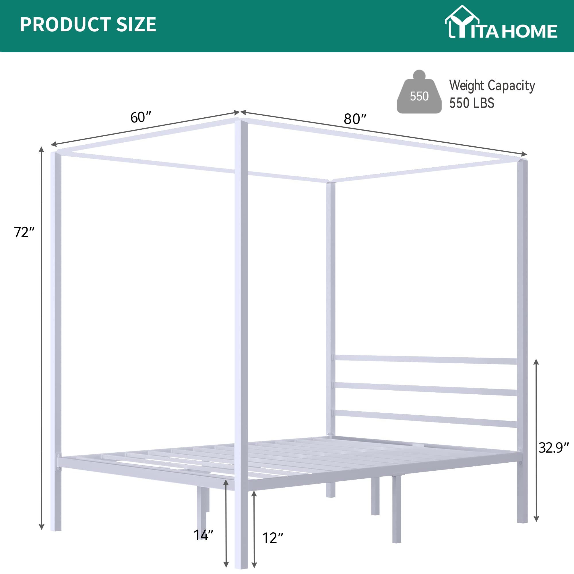 YITAHOME Canopy Bed Frame Metal Four Posters 14 Inch Platform with Built-in Headboard Strong Metal Slat Mattress Support, No Box Spring Needed, White, Queen Size