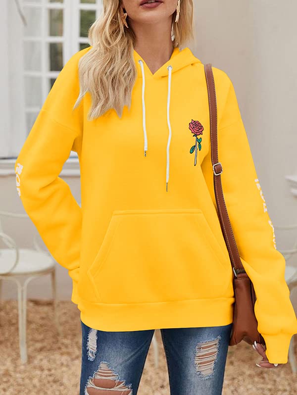 ZAFUL Men's Fleece Hoodie Unisex Rose Letter Print Hooded Pullover Kangaroo Pocket Sweatshirt Yellow XL
