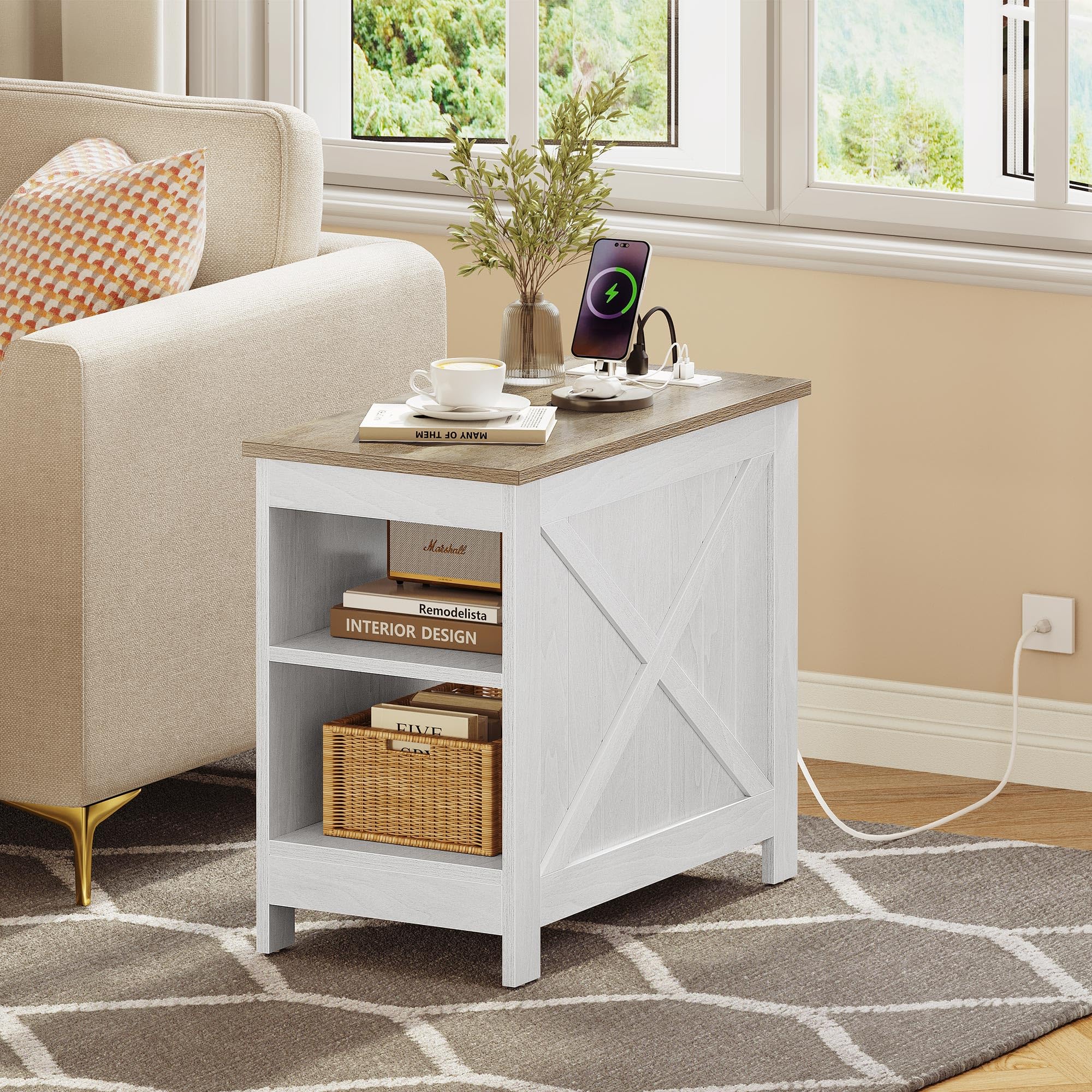 YITAHOME End Table with Charging Station, Narrow Side Table with Storage Shelf, Farmhouse Nightstand with Storage for Small Spaces, Living Room, Bedroom, Grey Wash