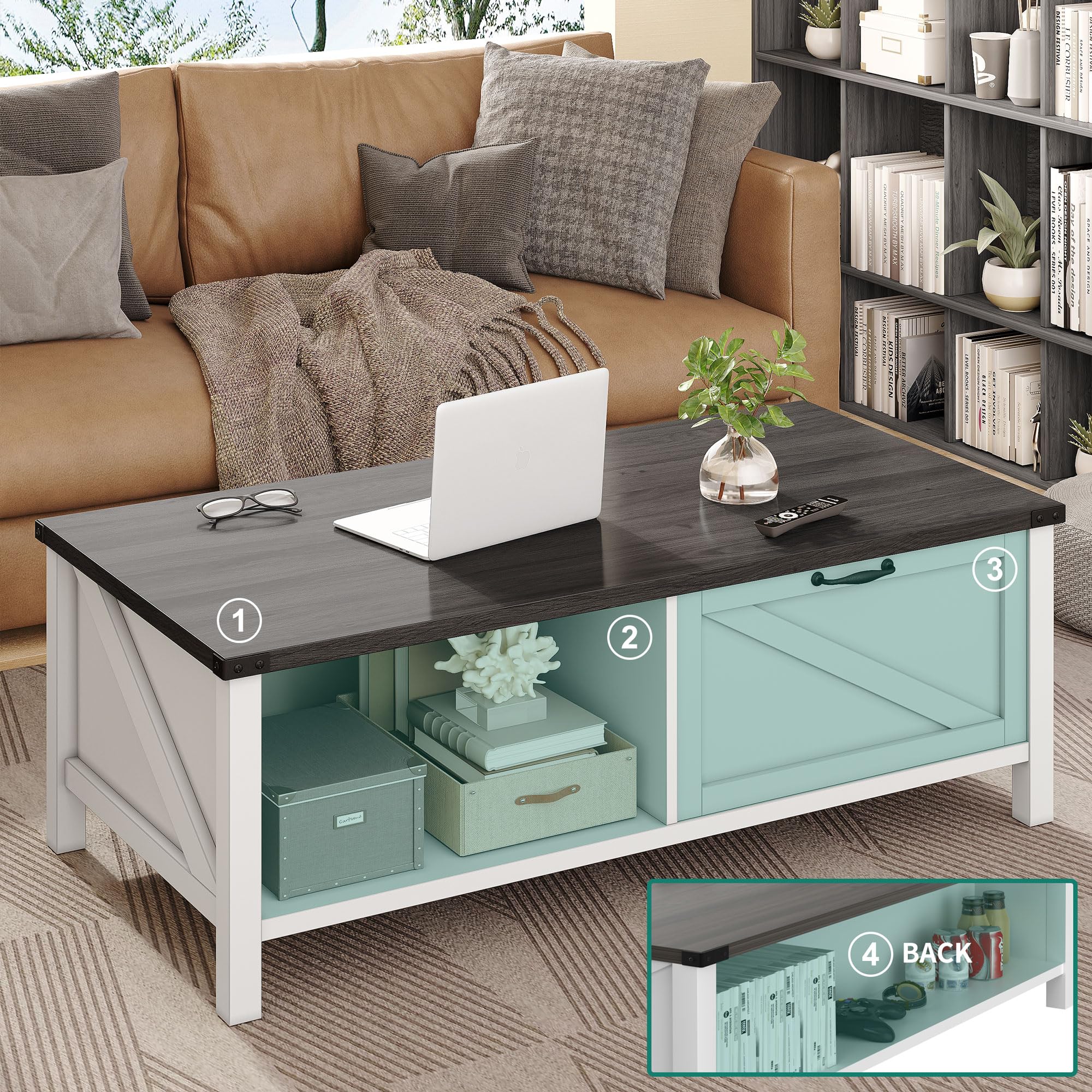 YITAHOME Farmhouse Coffee Table Wooden Cocktail Table,with Cabinets and 2-Tier Storage Open Shelf,Modern Rustic Center Rectangular Tables for Living Room,Home,Office,Living Meeting Room,White & Grey.