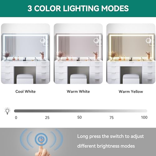 YITAHOME Vanity Desk Set with Large LED Lighted Mirror & Power Outlet, Glass Top Vanity with 11 Drawers and Magnifying Glass, 46'' Large Makeup Vanity with Storage Bench, White Vanity for Bedroom