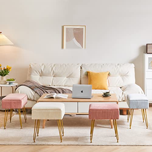 YMYNY Vanity Stool Chair with Storage, Square Velvet Ottoman Foot Stool, Modern Multifunctional Makeup Stool for Bedroom, Living Room, Office, Gold Legs, 18.9 * 15.75 * 11.6", Pink, UHBD024P