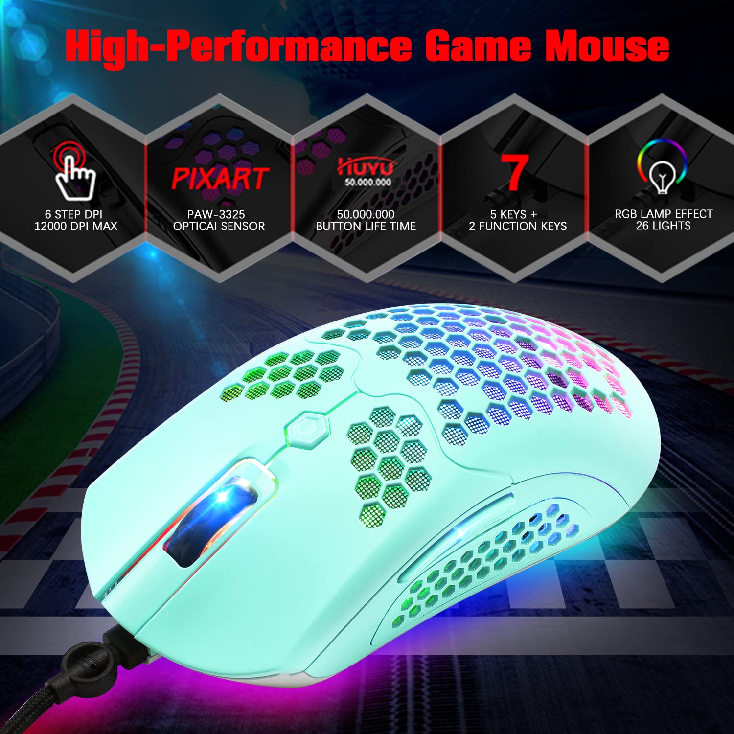 ZIYOU LANG M5 RGB Lightweight Wired Gaming Mouse with 12000 DPI 6 Programmed Buttons,65G Honeycomb Shell,Ultralight Ultraweave Cable,Pixart 3325 Optical Sensor Gamer Mice(Black)