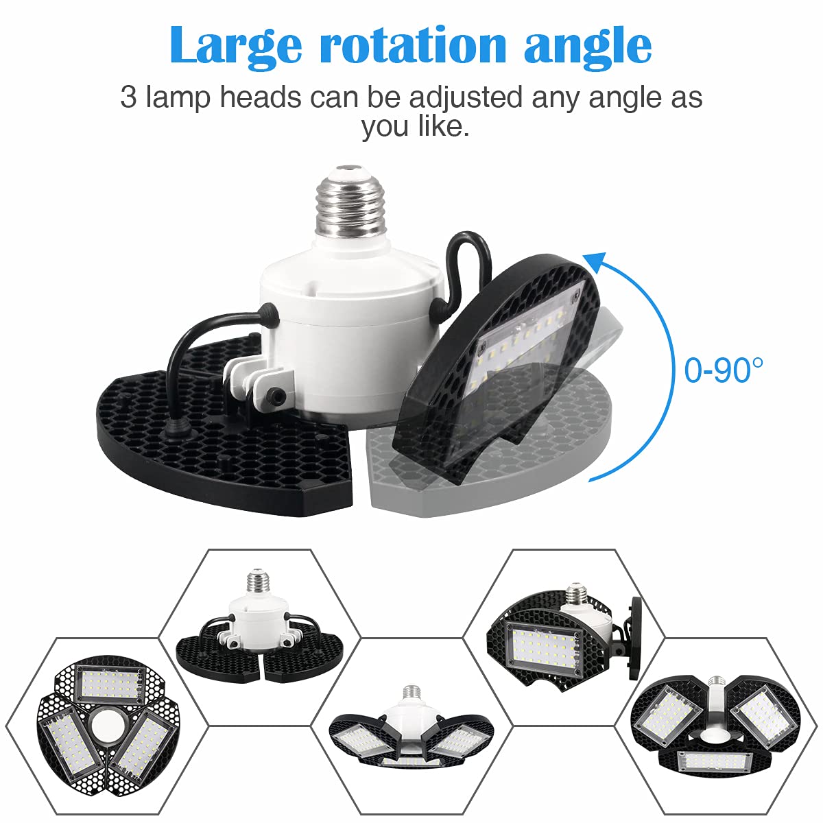 ZJOJO Garage Light 1pack 60W 7500LM Led Shop Light 6000K,Garage Lights Ceiling Led with 3 Adjustable Panels,Shop Lights for Garage Led Super Bright,E26 Base Ideal for Workshop/Attic/Barn/Basement