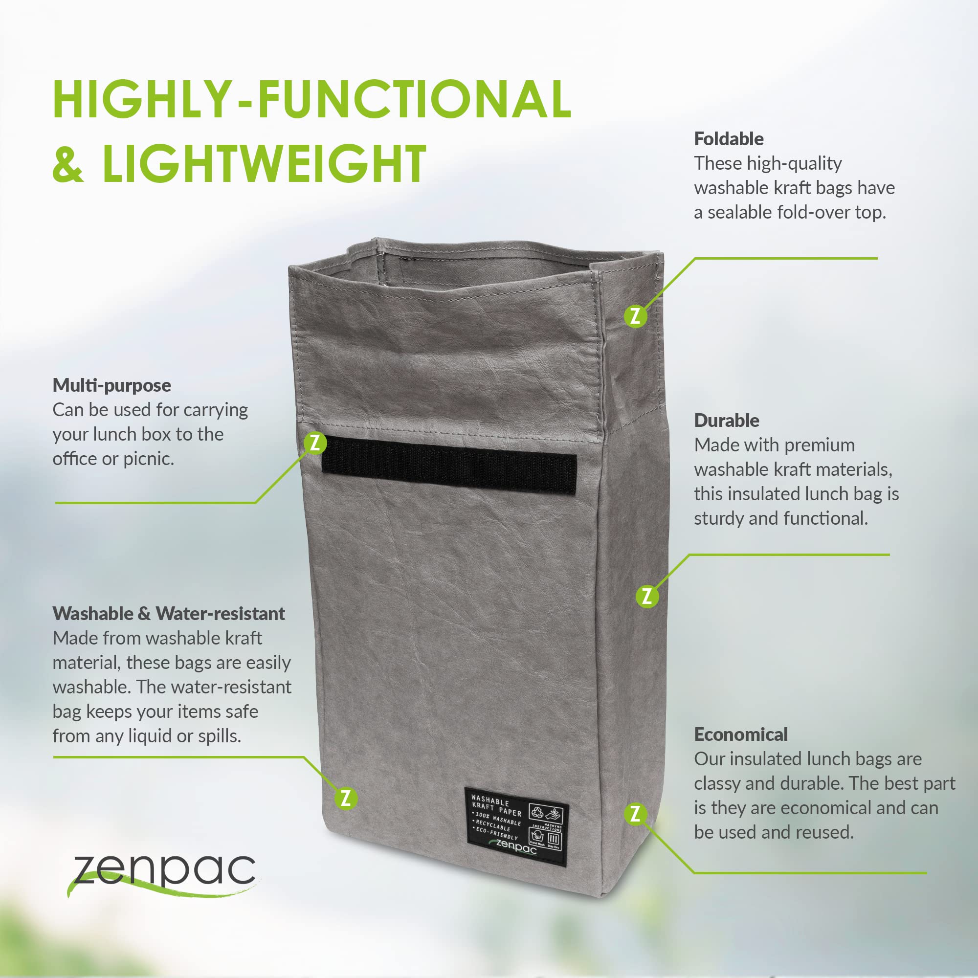 ZENPAC Insulated Lunch Containers, Washable Lunch Bags, Reusable Sandwich Tote with Foldover Top and Square Bottom, 8.5x4.5x12, Silver
