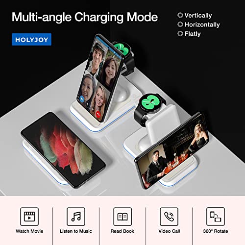 Wireless Charger for Samsung/Android, HOLYJOY Foldable 3 in 1 Fast Charging Station/Stand/Multi Charger for Samsung S24/S23/S22/Note 20, Travel Pad for Galaxy Watch 6/5/4/3/Active 2, for Buds(White)