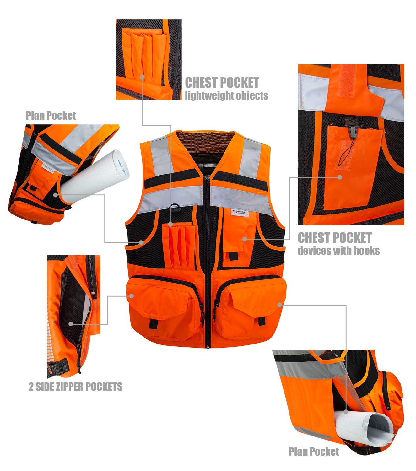 ZUJA 3M Reflective stripes Safety Vest Hi-vis Orange knitted Vest with 10 pockets Bright Construction Workwear for men and women. (Extra Large)