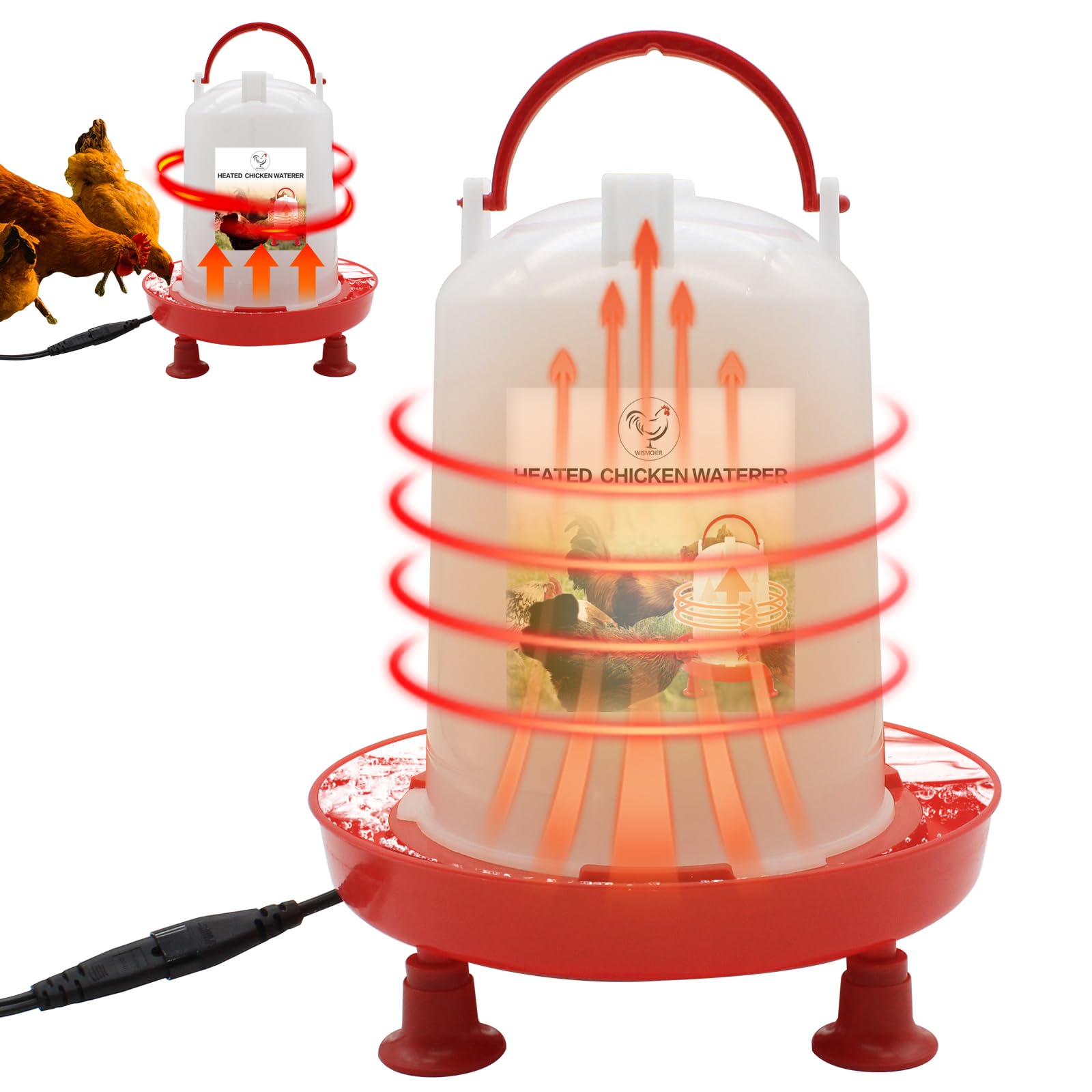 WISMOIER Heated Chicken Waterer - 35W Constant Temperature Heated Plastic Poultry Fountain with 2 Adjustable Heights - 3L Poultry Waterer for Chicken Coop Accessories in Winter