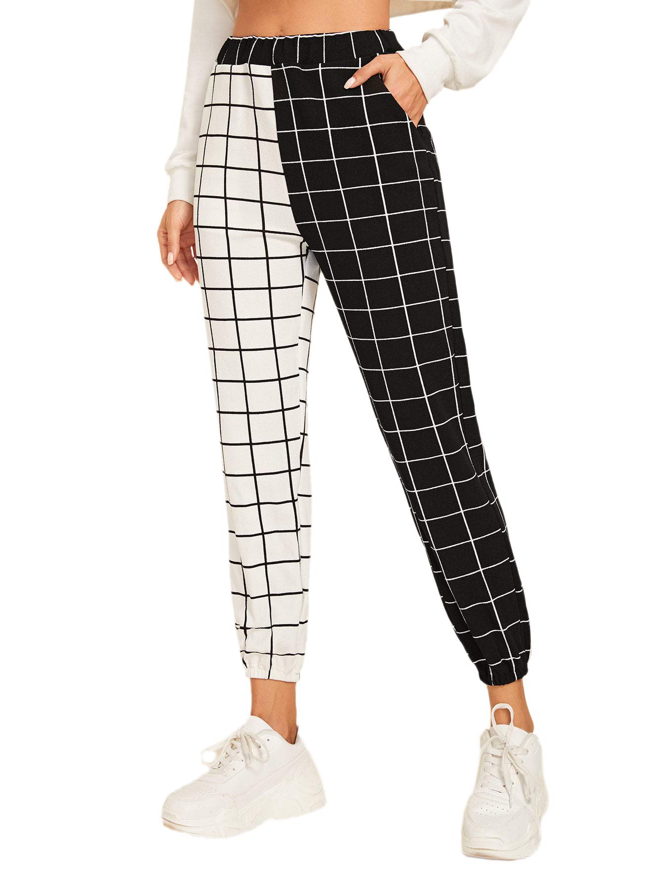 WDIRARA Women's Two Tone Plaid Print Elastic Waist Fashion Straight Leg Pants Black and White S