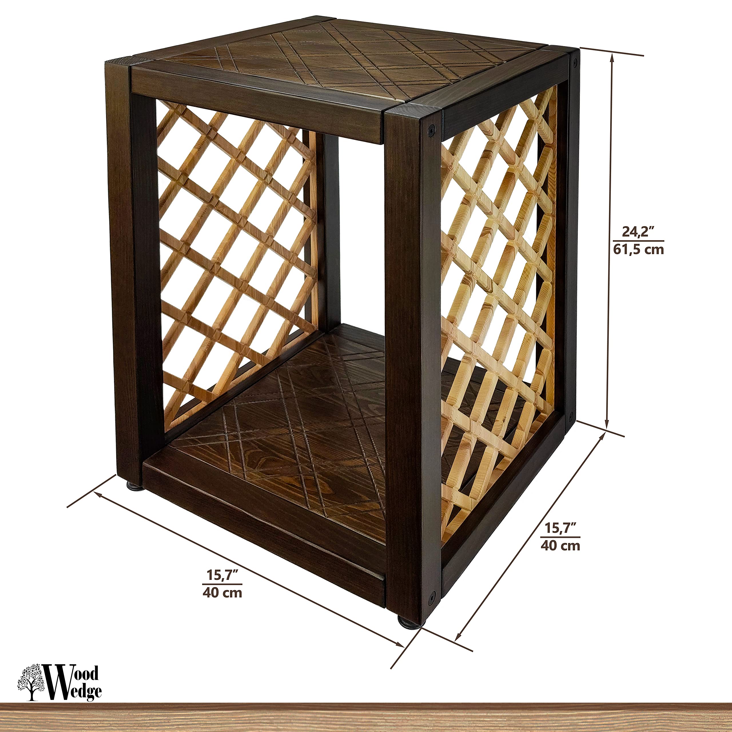 Wood Wedge Rustic End Table with Lattice, Small Table, Living room decor, Night Table for Bedroom, Side Table for Couch, Sofa with Storage shelves, Entryway Table, Brown, ash, 15.7''