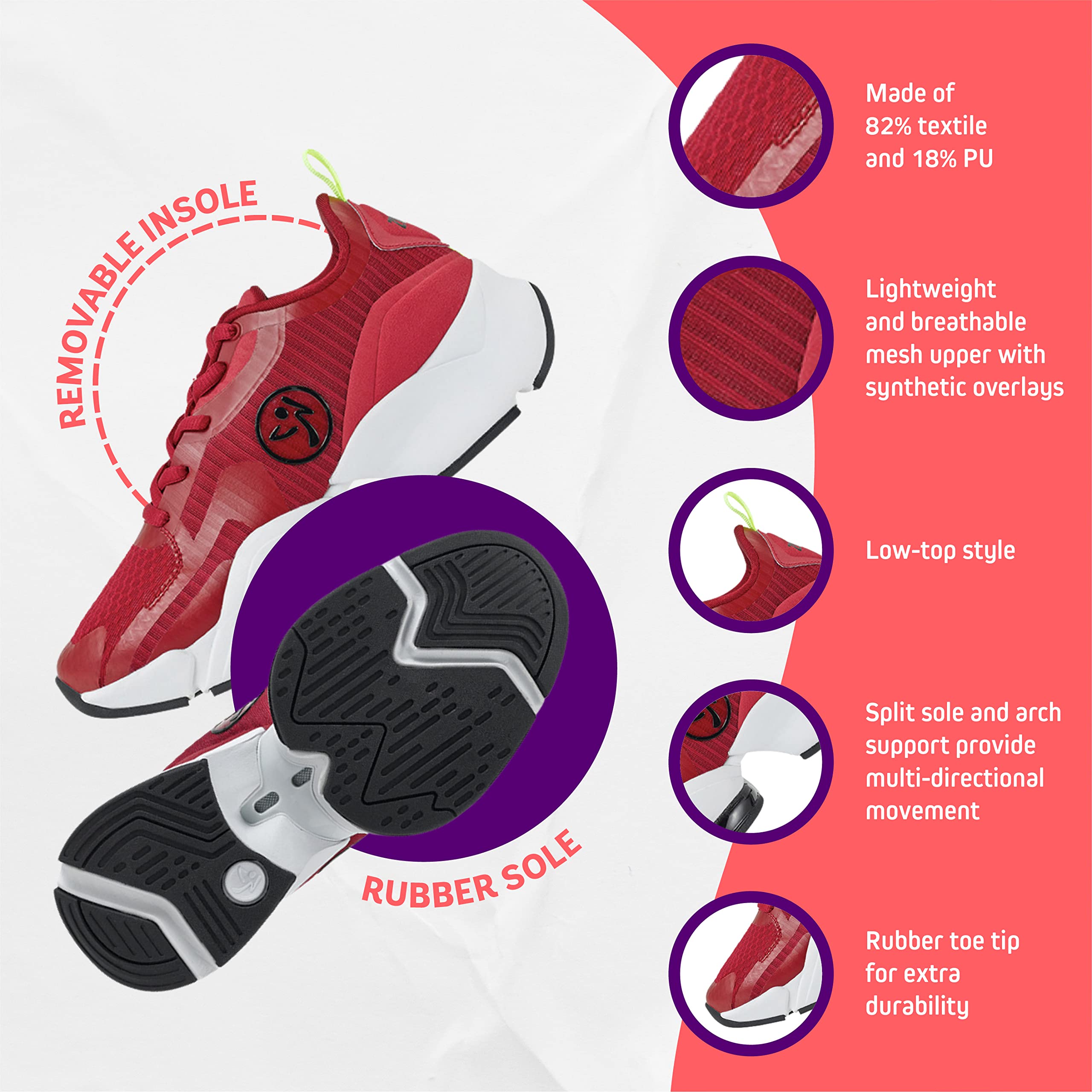 ZUMBA Workout Sneakers, Cute Non-Slip Shoes for Women Classic Air Stomp, Red, 8.5