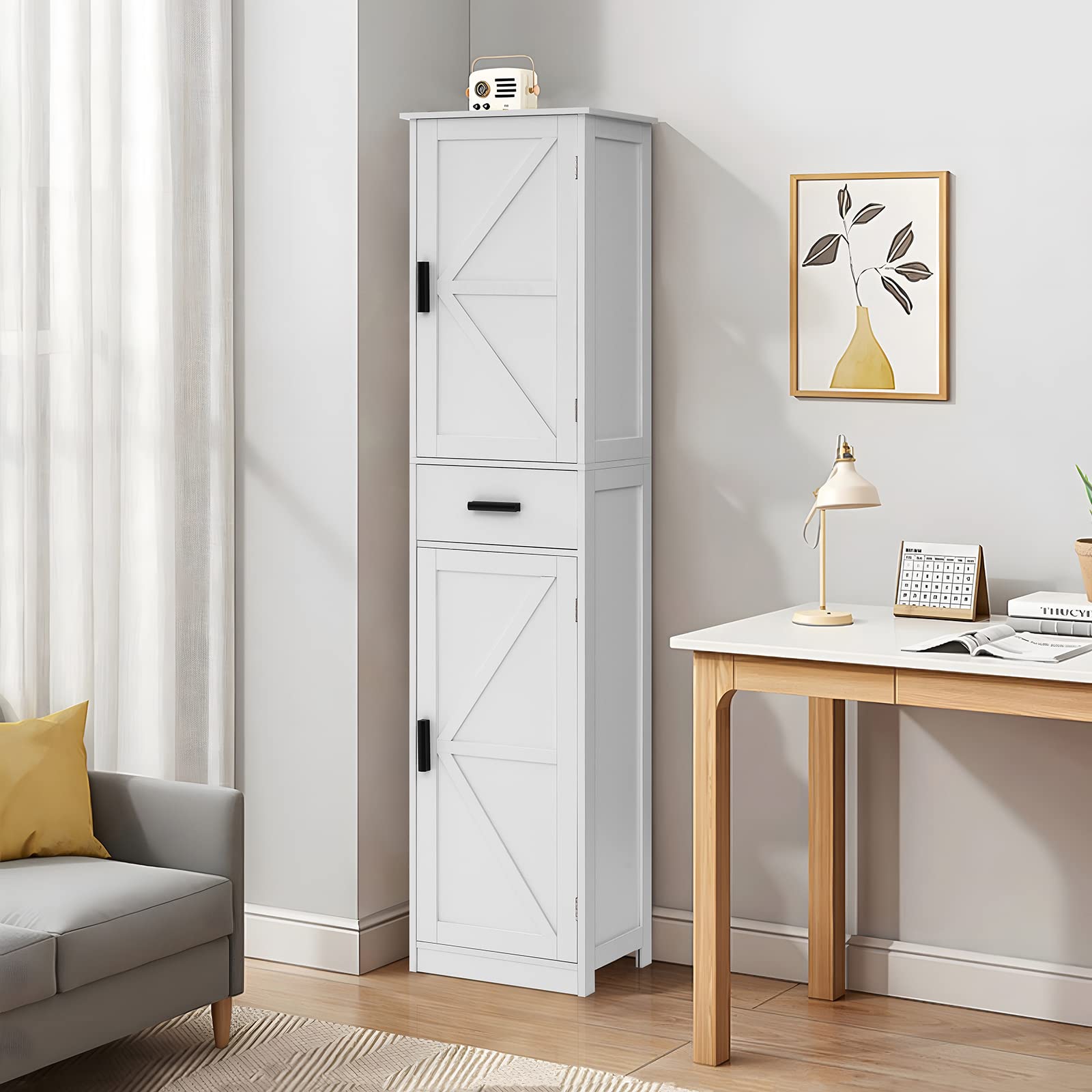 WEENFON Tall Bathroom Cabinet, Storage Cabinet with 6 Shelves & Drawer, Bathroom Storage Cabinet with Ajustable Shelves, Tall Cabinet for Living Room, Home Office, White