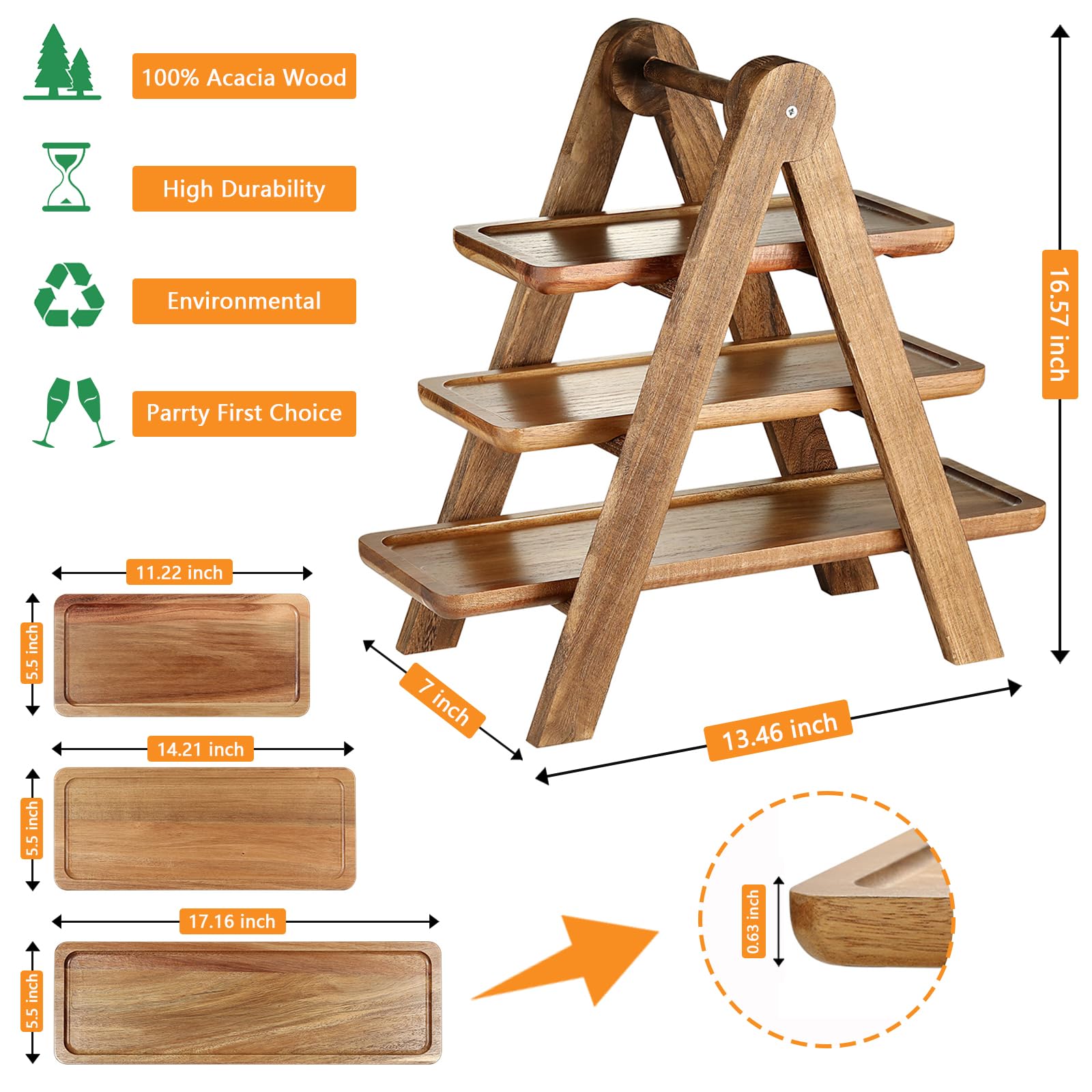 Zyviv Wooden 3 Tier Serving Tray, Solid Acacia Wood Serving Trays(max 14 x 5.5 in or Home Decor, Food, Vegetables, Fruit, Charcuterie, Appetizer Serving Tray, Cheese Board (Set of 3 Plates)