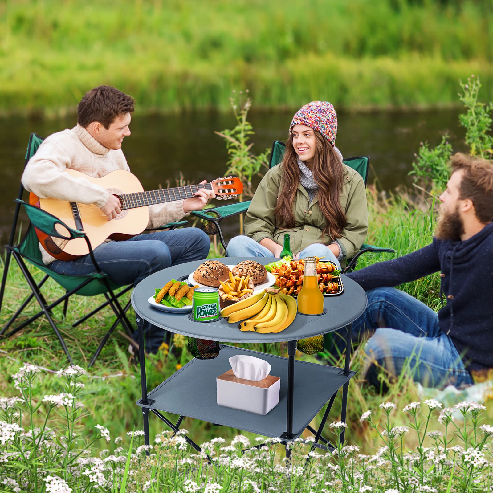 WOSVOLUNT Portable Camping Table Folding Pop up Tables Lightweight Beach Table for Sand Canvas Picnic Table Round Camping Side Table with Cup Holder for Outdoor, Tailgating,Travel